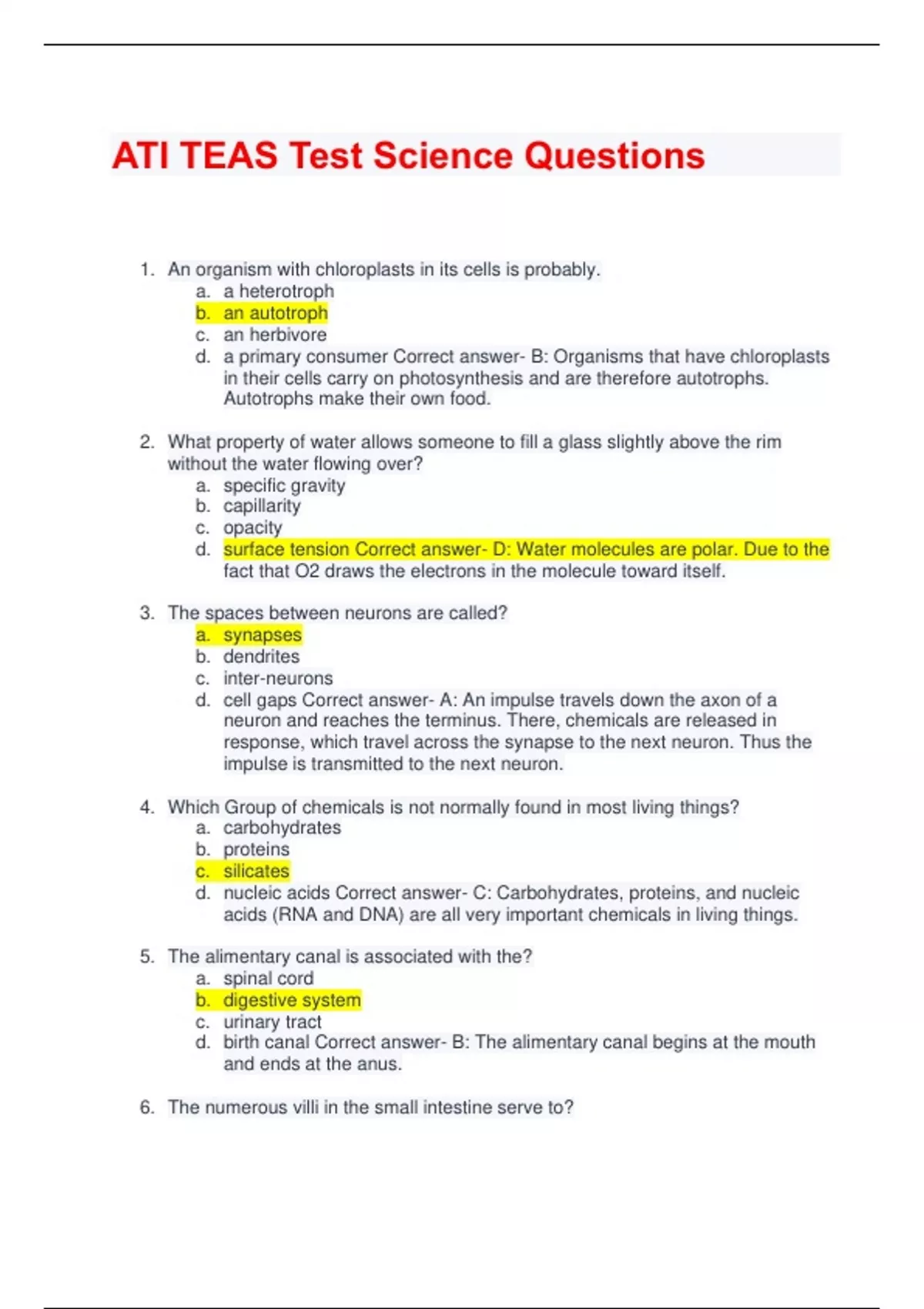 ATI TEAS Test Science Questions With Correct Answers 2023 ATI TEAS