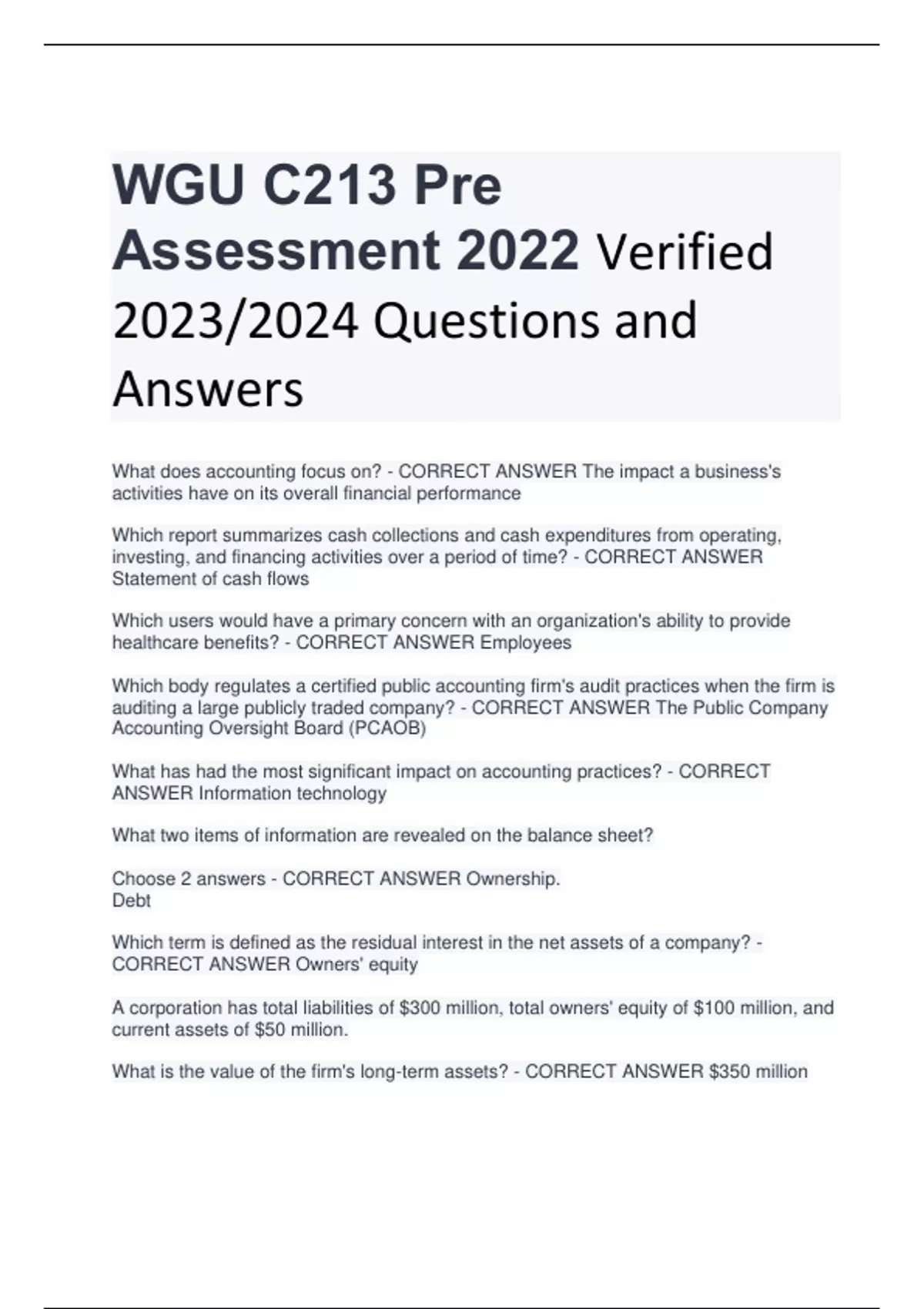WGU C213 Pre Assessment 2022 Verified 2023/2024 Questions and Answers ...