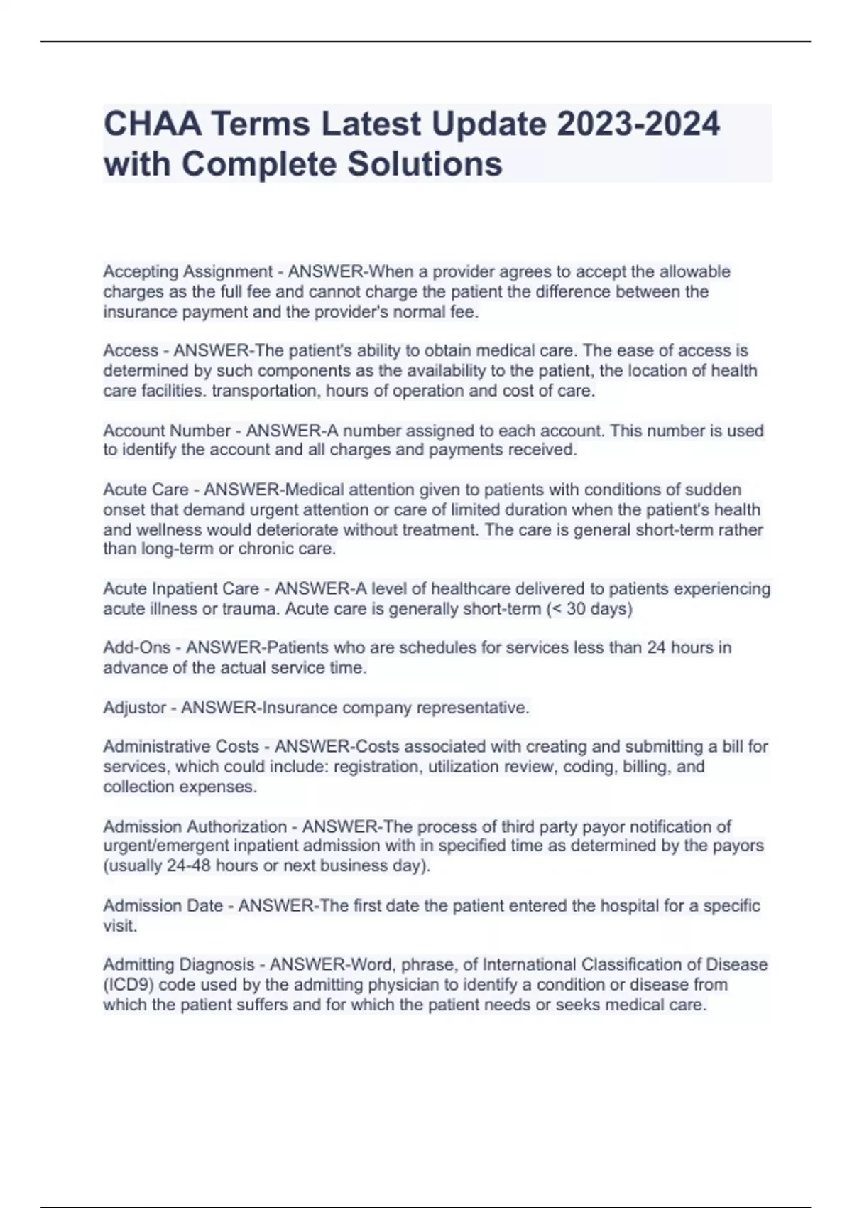 CHAA Terms Latest Update with Complete Solutions - CHAA - Stuvia US