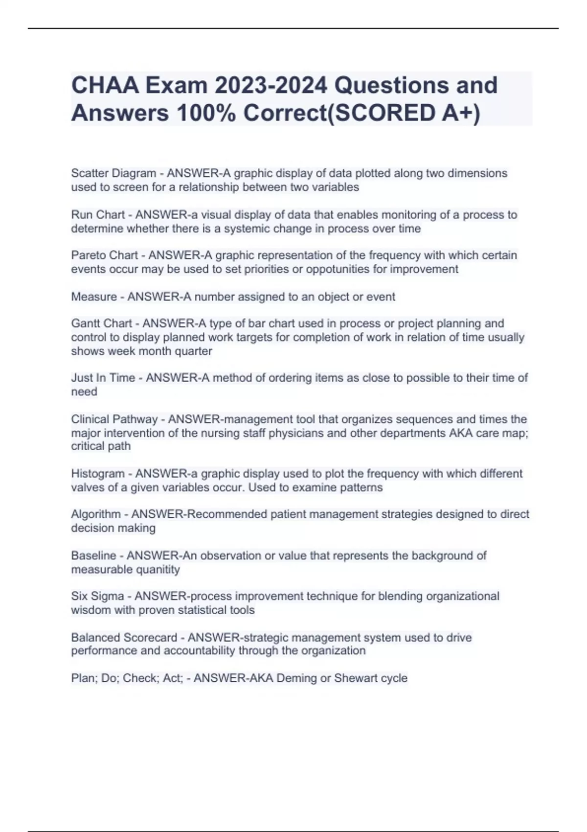 CHAA Exam Questions and Answers 100% Correct(SCORED A+) - CHAA - Stuvia US