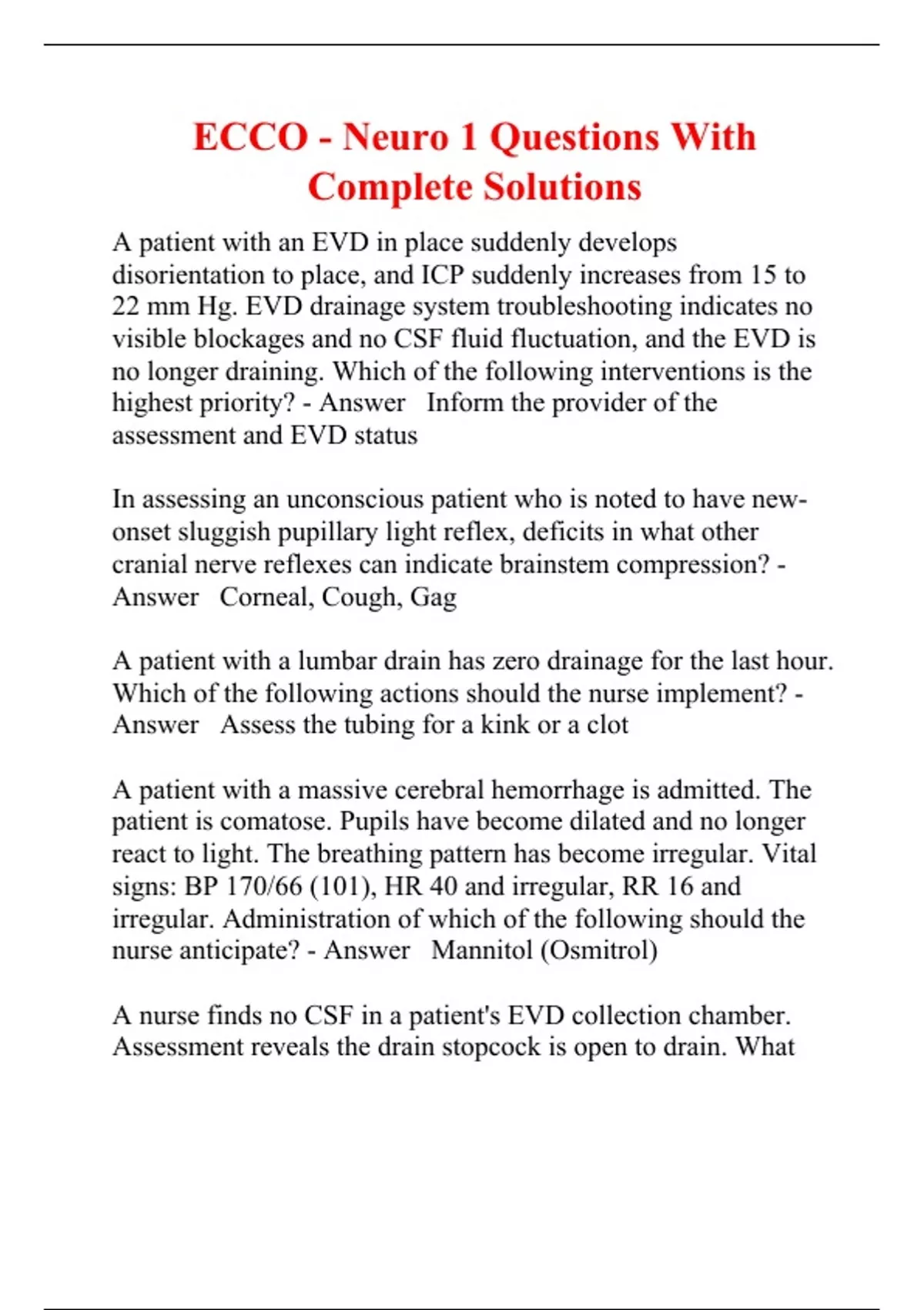 ECCO - Neuro 1 Questions With Complete Solutions - ECCO - Stuvia US