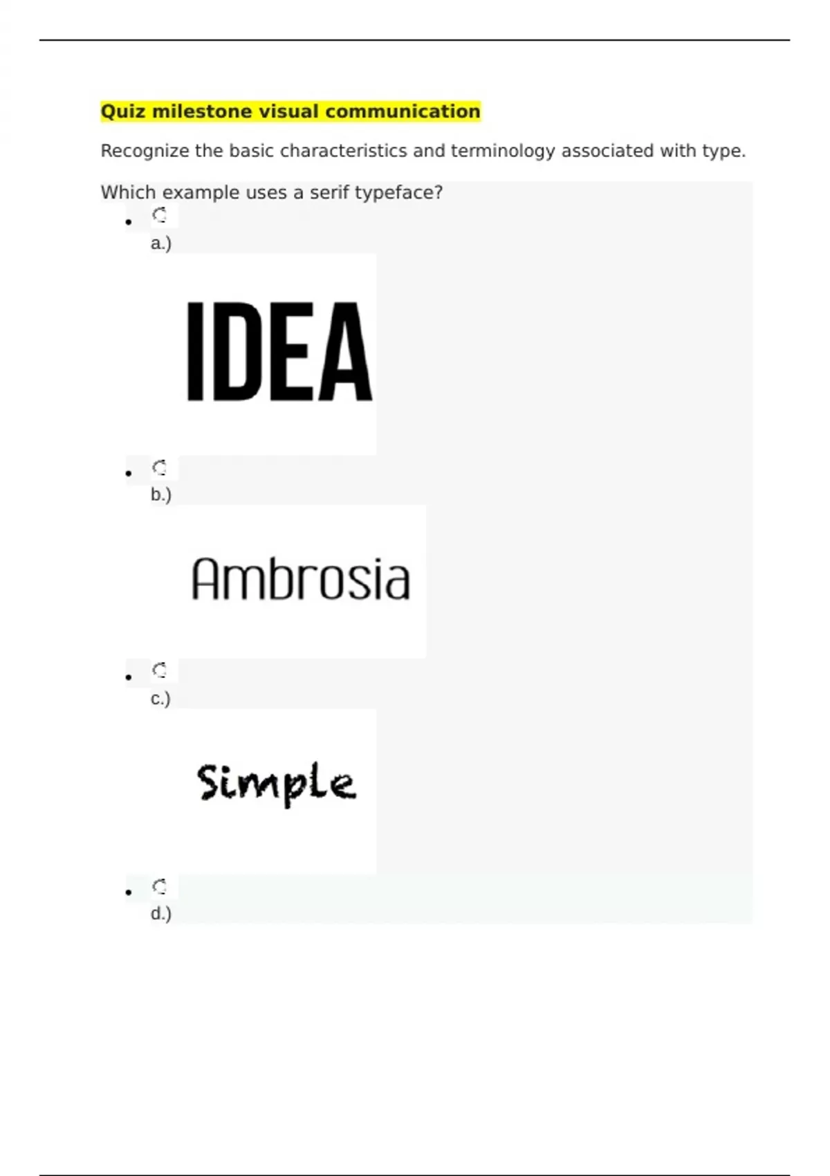 VISUAL COM 1001 milestone Quiz - VISUAL COM 1001 - Stuvia US