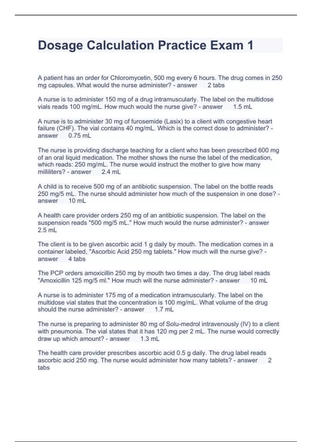 Dosage Calculation Practice Exam 1 Questions and Answers 2023 ...