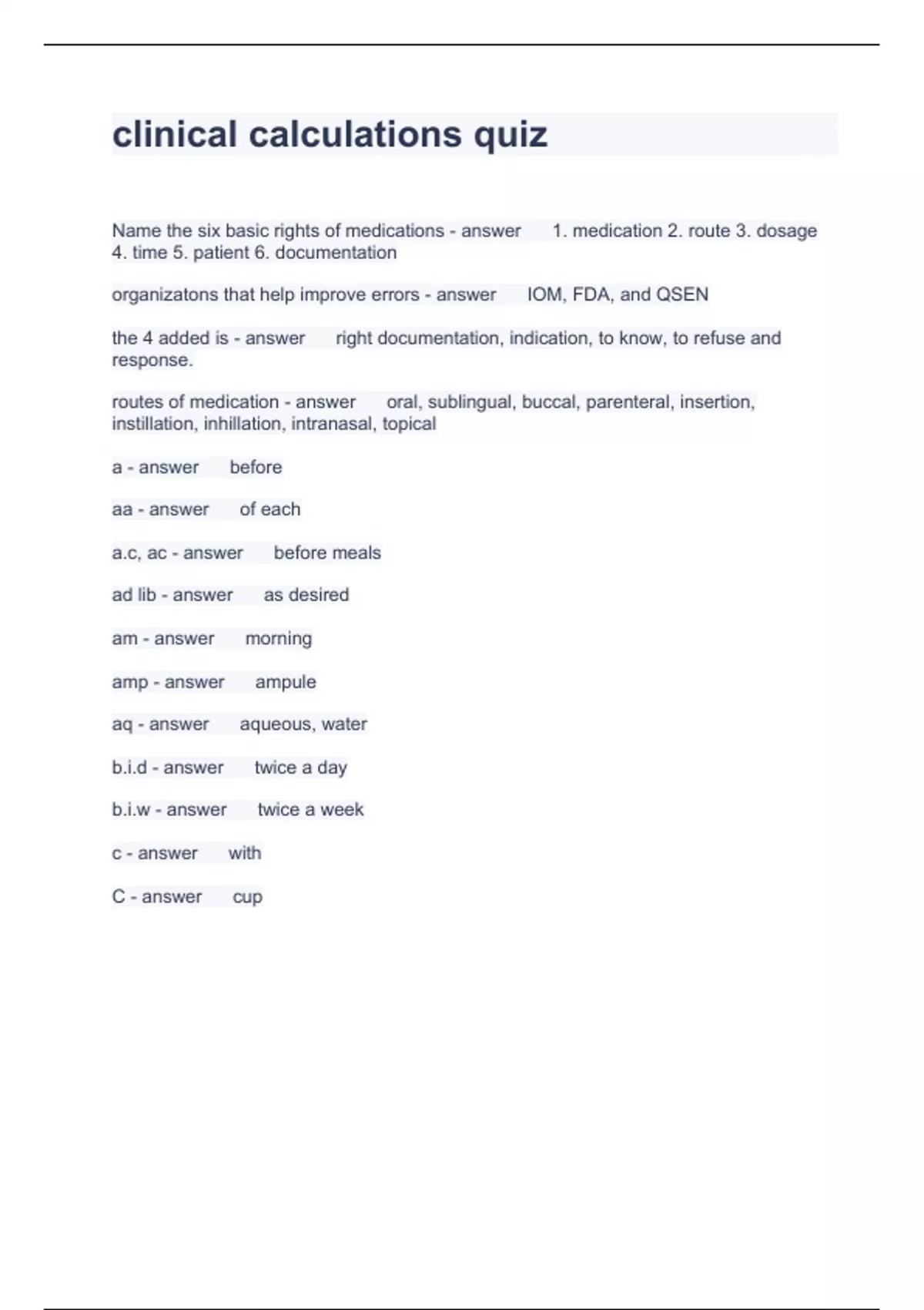 clinical calculations quiz Questions with correct Answers - Clinical ...