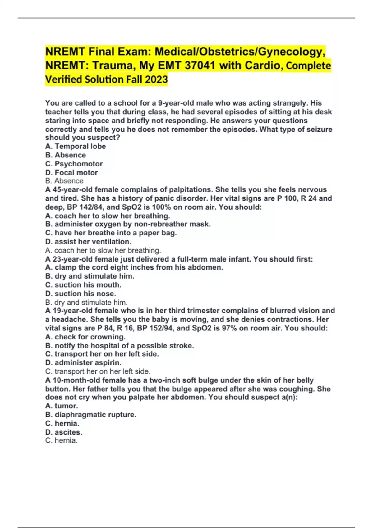 NREMT Final Exam: Medical/Obstetrics/Gynecology, NREMT: Trauma, My EMT ...