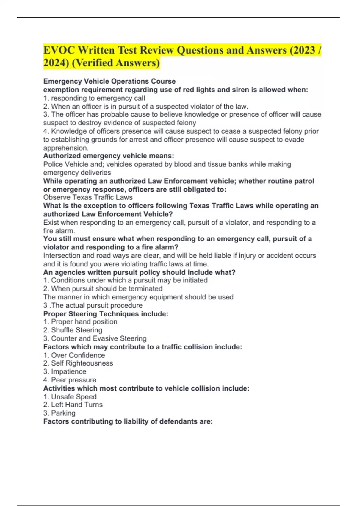 EVOC Written Test Review Questions and Answers (2023 / 2024) (Verified ...