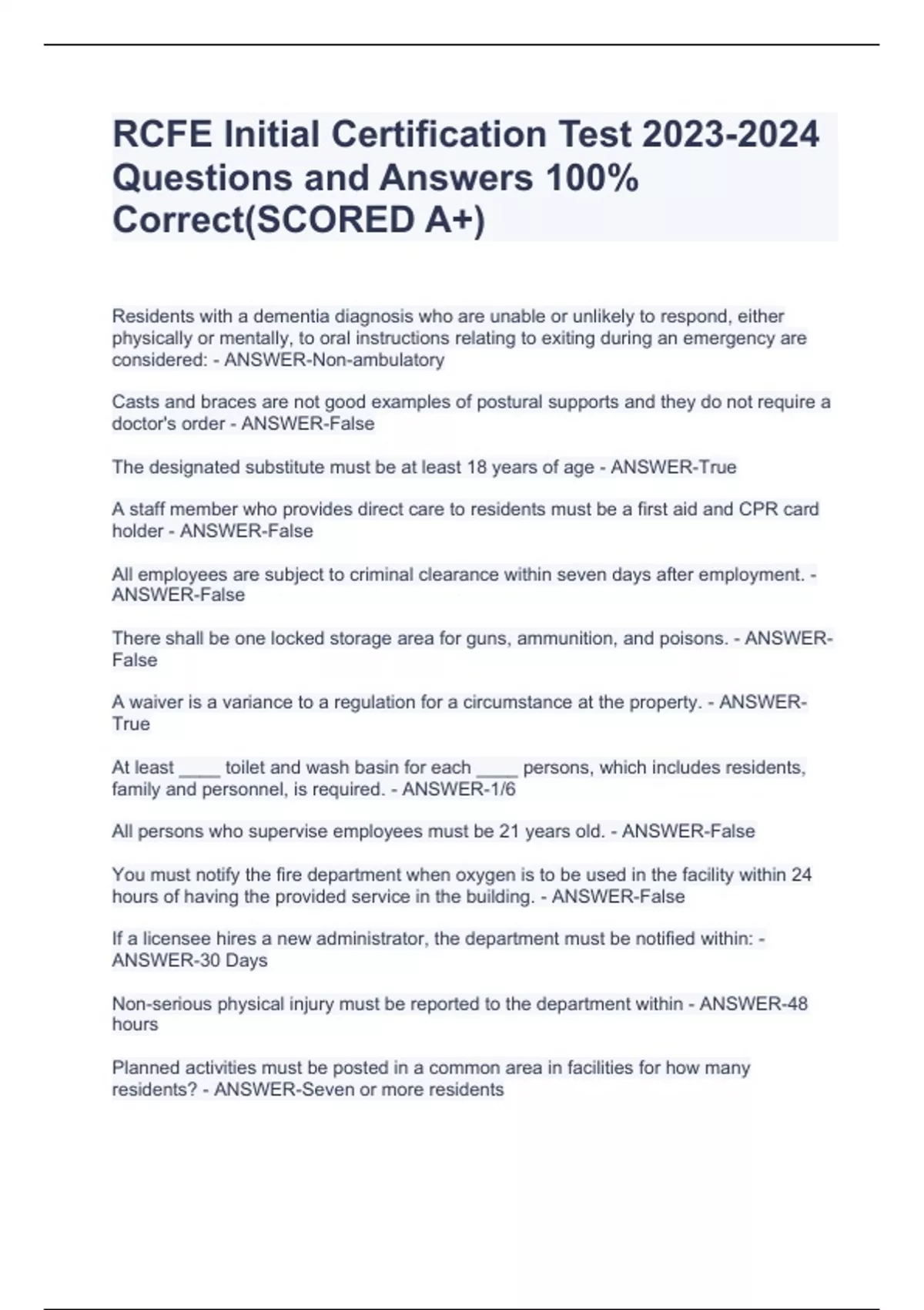 RCFE Initial Certification Test Questions and Answers 100% Correct ...