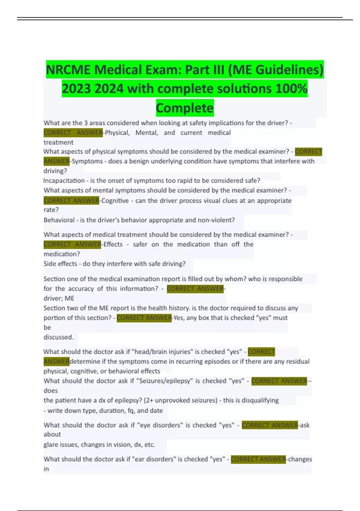 NRCME Medical Exam Part III ME Guidelines with complete solutions 100% ...