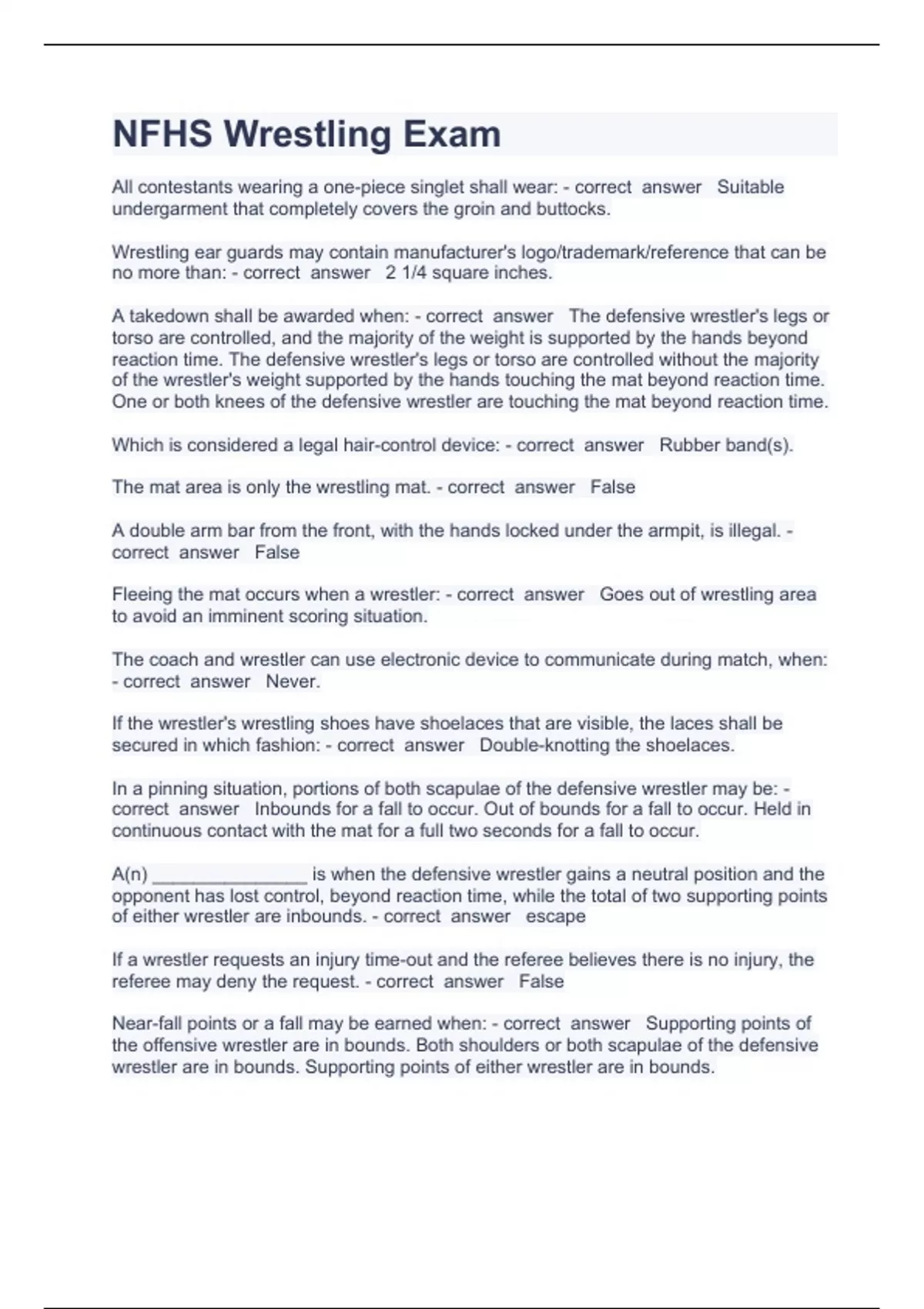 NFHS Wrestling Exam Question and answers 100% correct 2023 - NFHS ...
