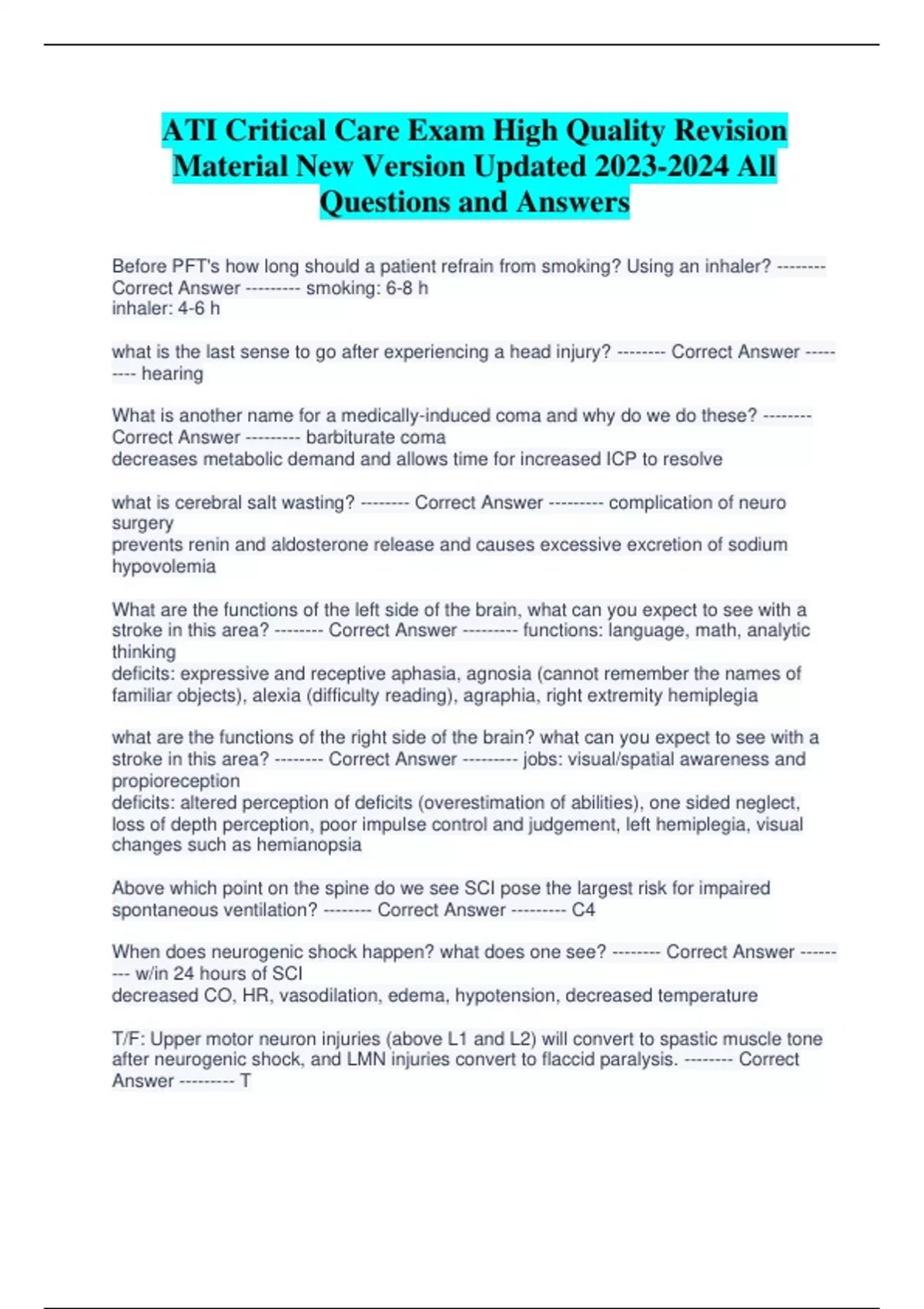 ATI Critical Care Exam High Quality Revision Material New Version ...