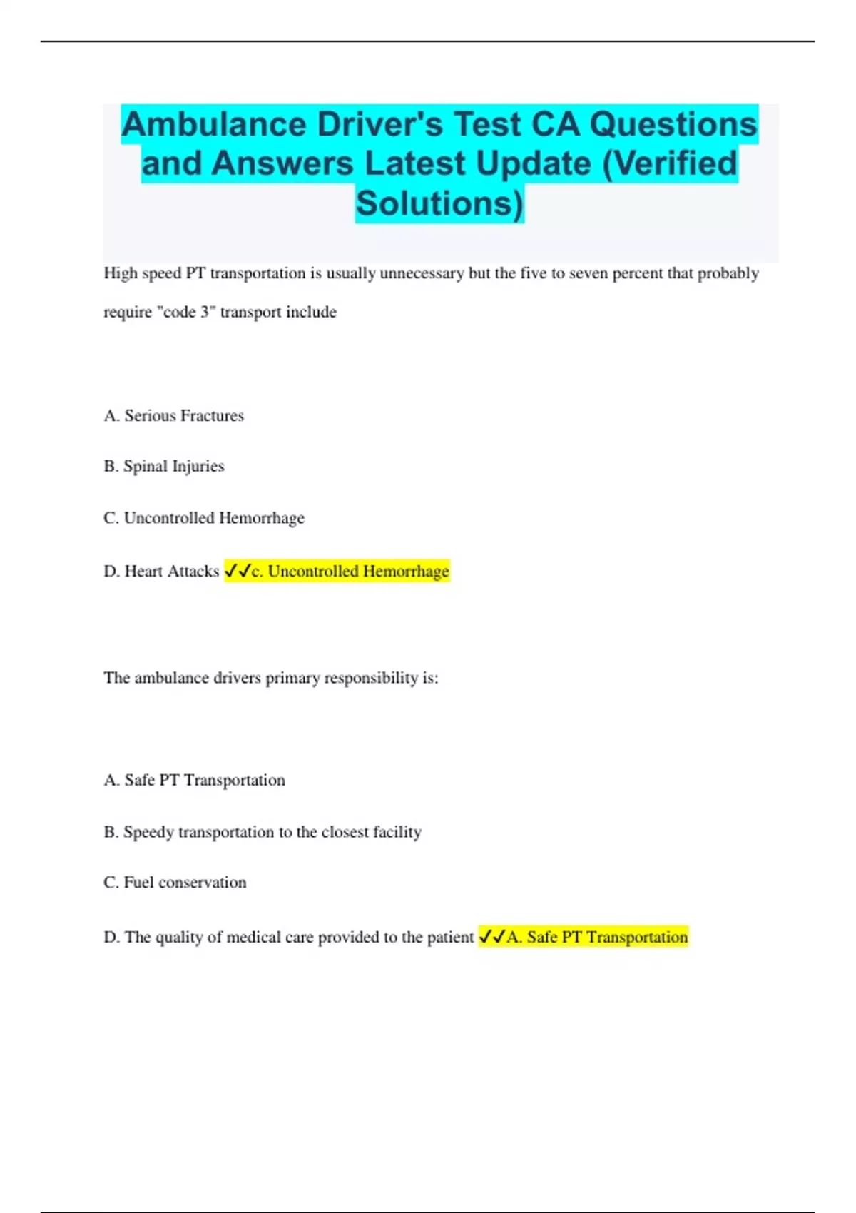 Ambulance Driver's Test CA Questions and Answers Latest Update 2023 ...