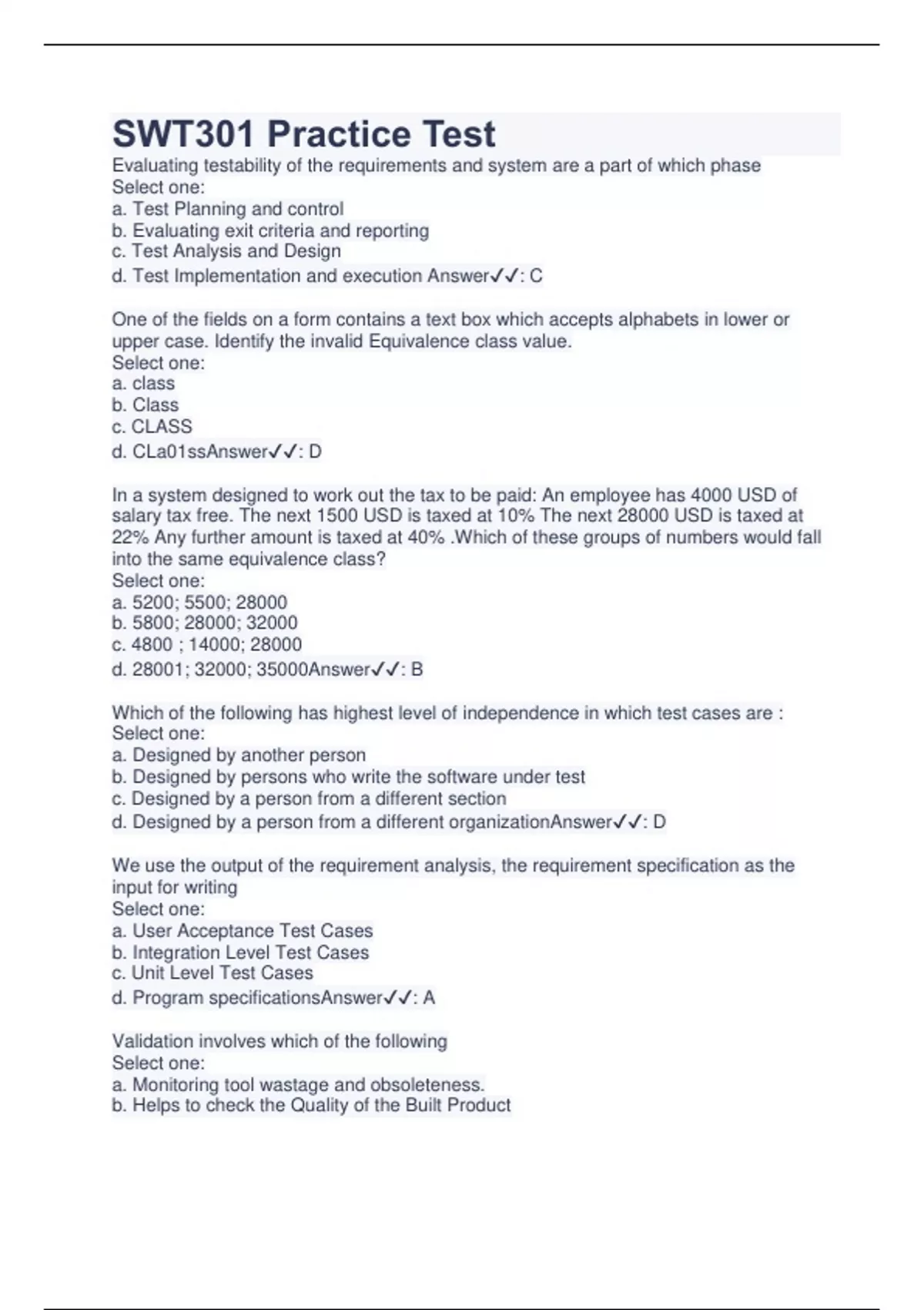 SWT301 Practice Test With Verified Questions And Answers 2023 Quiz ...