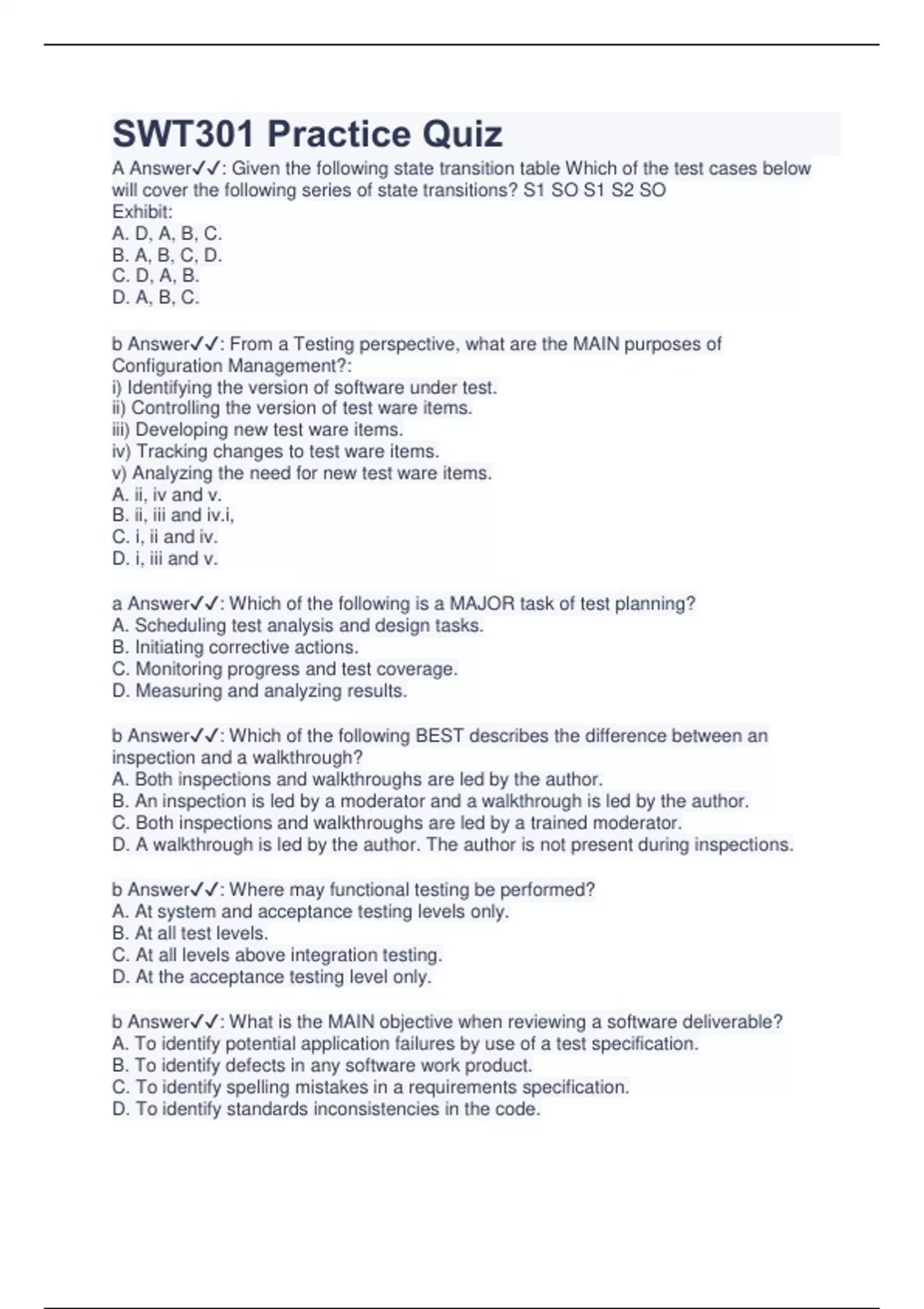SWT301 Practice Quiz Questi0ns And Answers With Verified Solutions ...