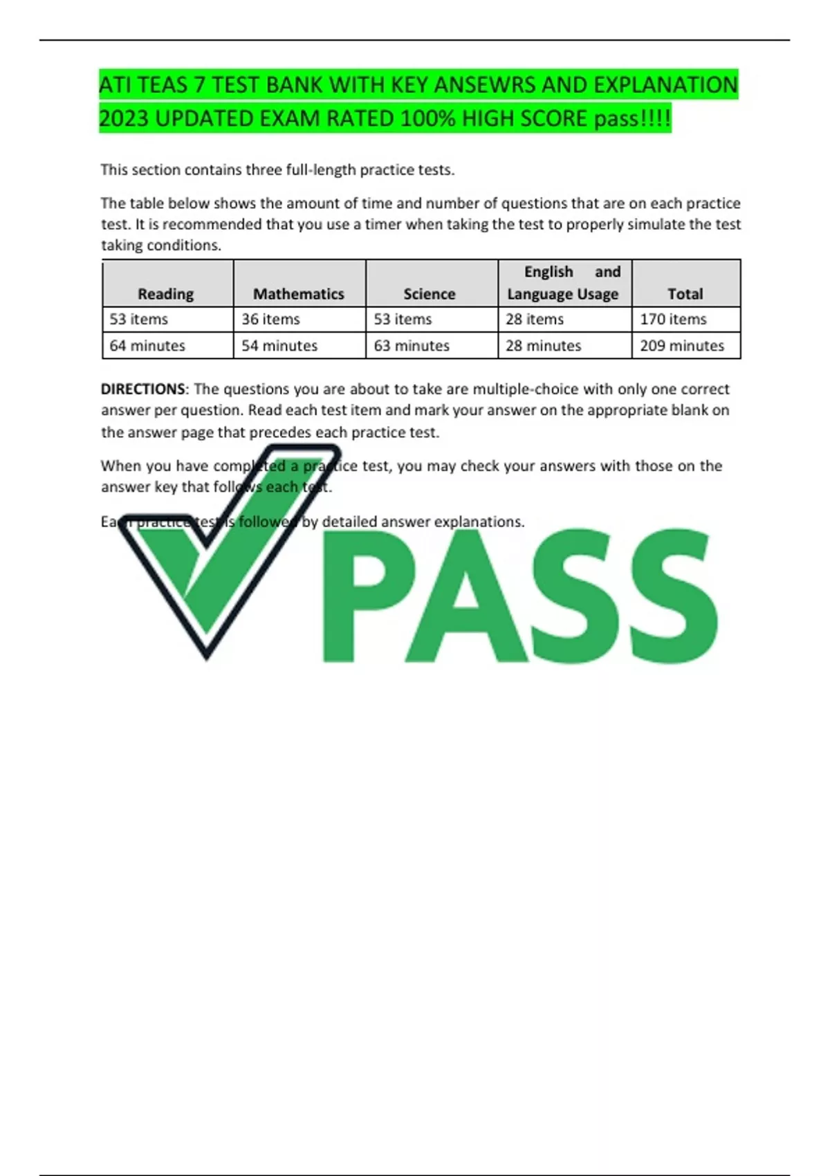 ATI TEAS 7 TEST BANK WITH KEY ANSEWRS AND EXPLANATION 2023 UPDATED EXAM ...