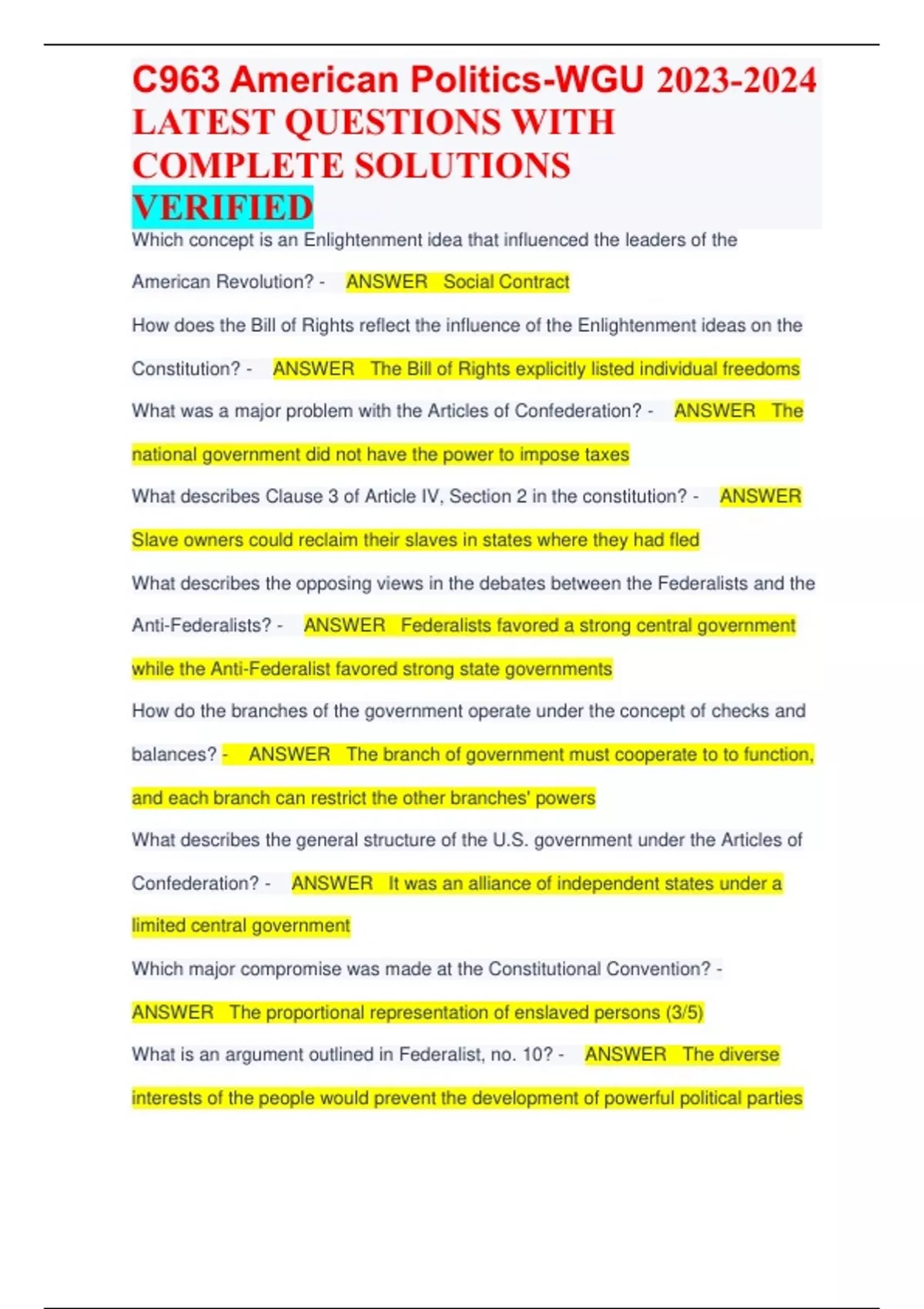 C963 American Politics-WGU LATEST QUESTIONS WITH COMPLETE SOLUTIONS ...