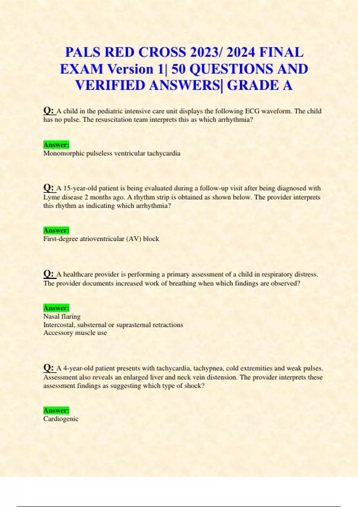 PALS RED CROSS 2023/ 2024 FINAL EXAM Version 1| 50 ACTUAL QUESTIONS AND ...