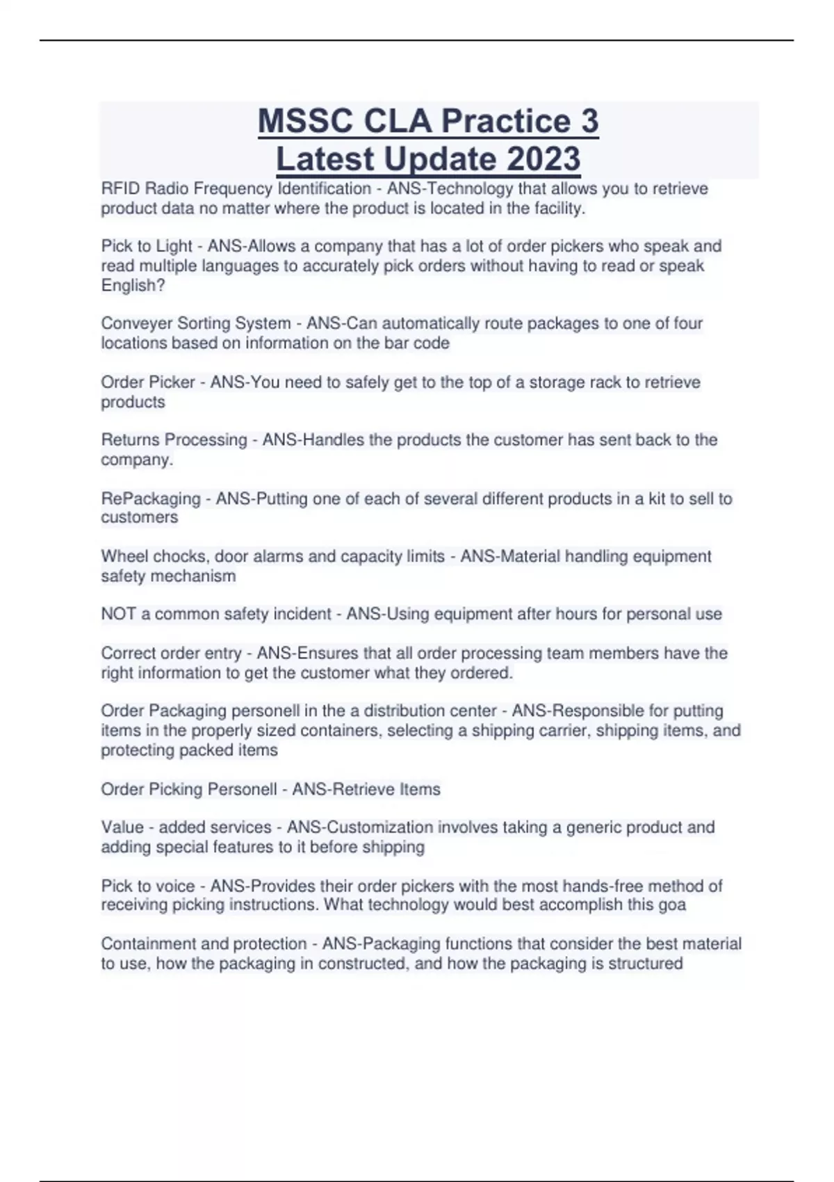 MSSC CLA TEST 2023, MSSC CLA Exam Terms 2023 Update, MSSC CLA Practice ...