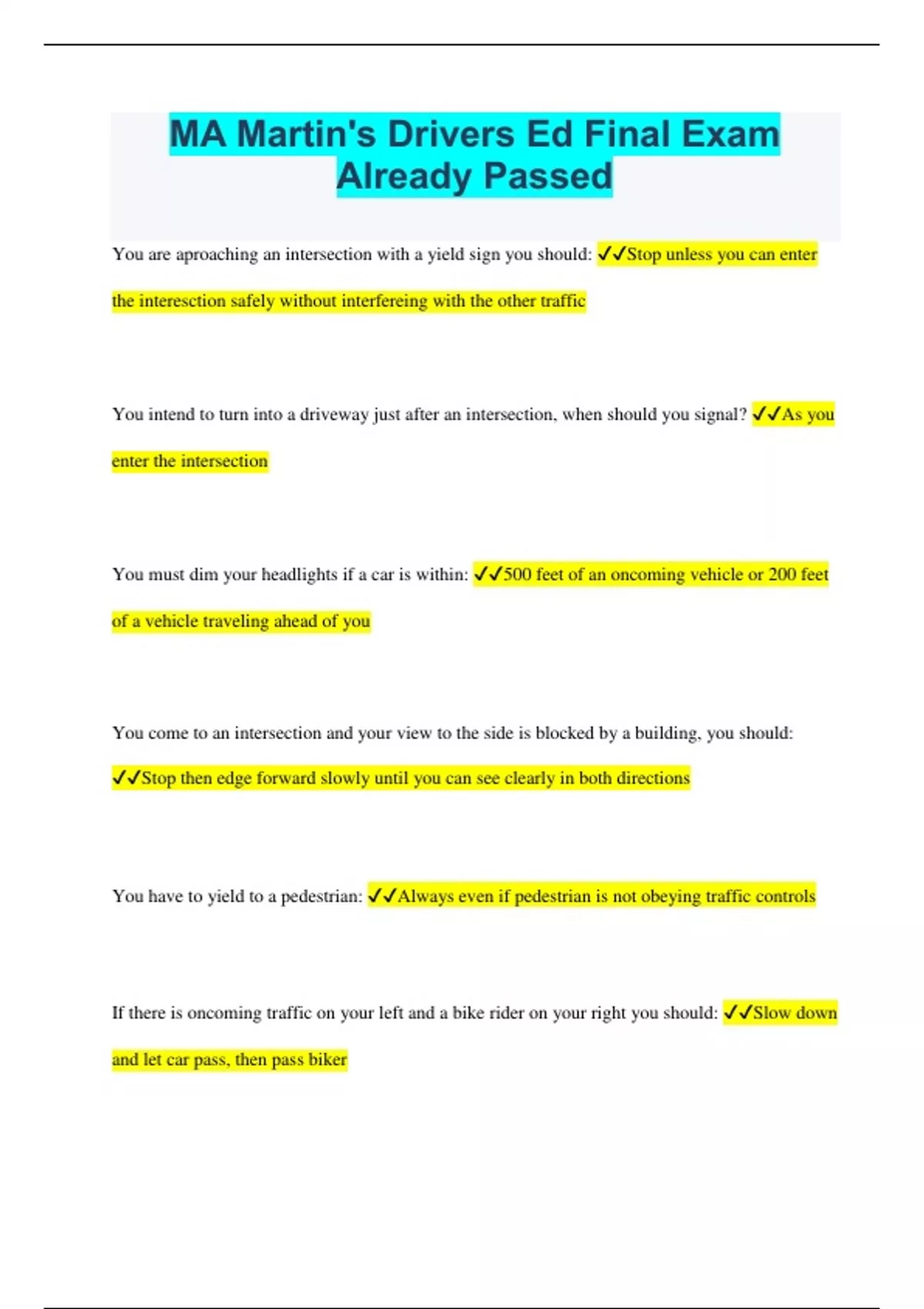 MA Martin's Drivers Ed Final Exam WITH COMPLETE SOLUTION RATED A+ 2023 ...