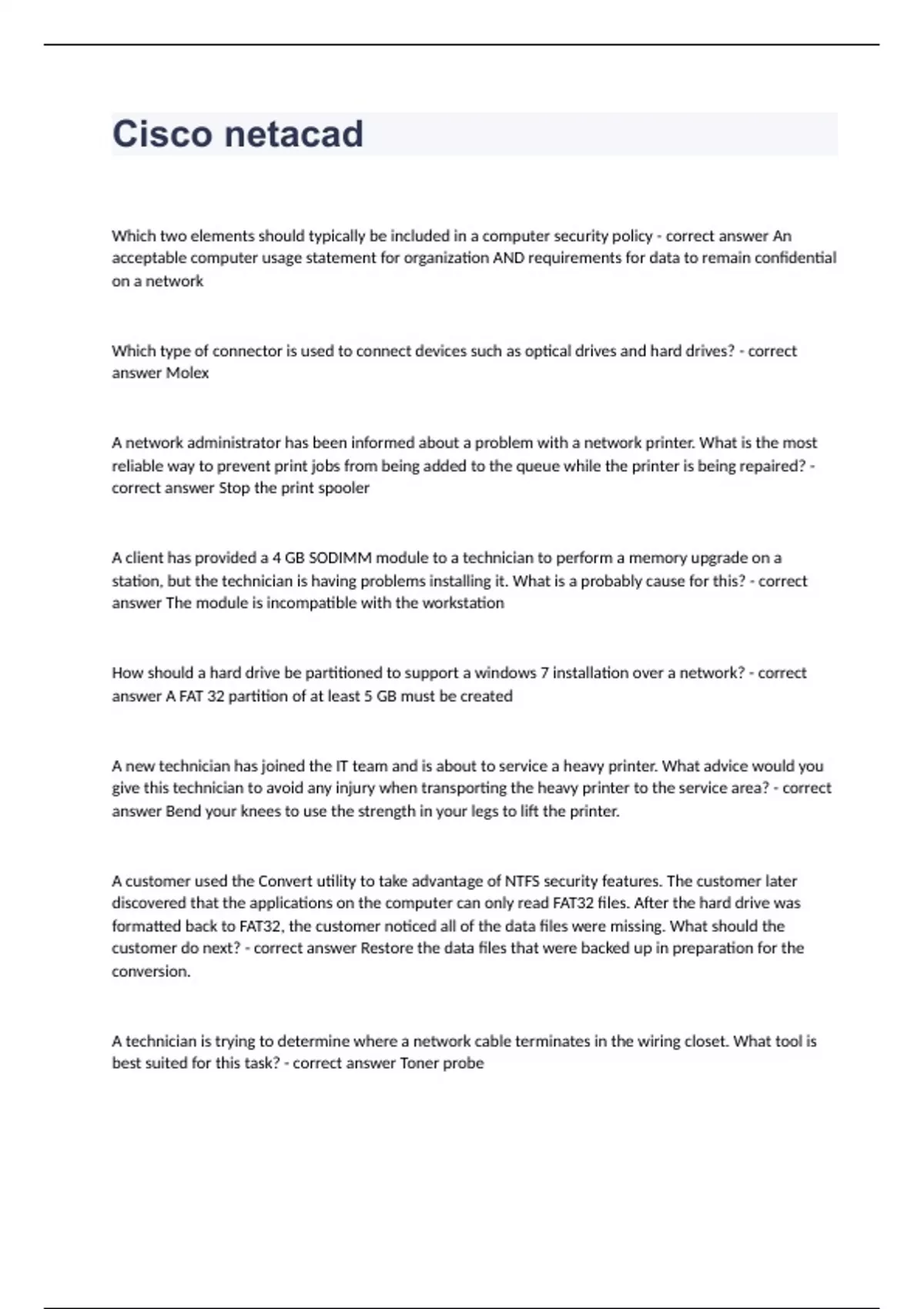 Cisco netacad question with 100% correct answers 2023 - CISCO - Stuvia US