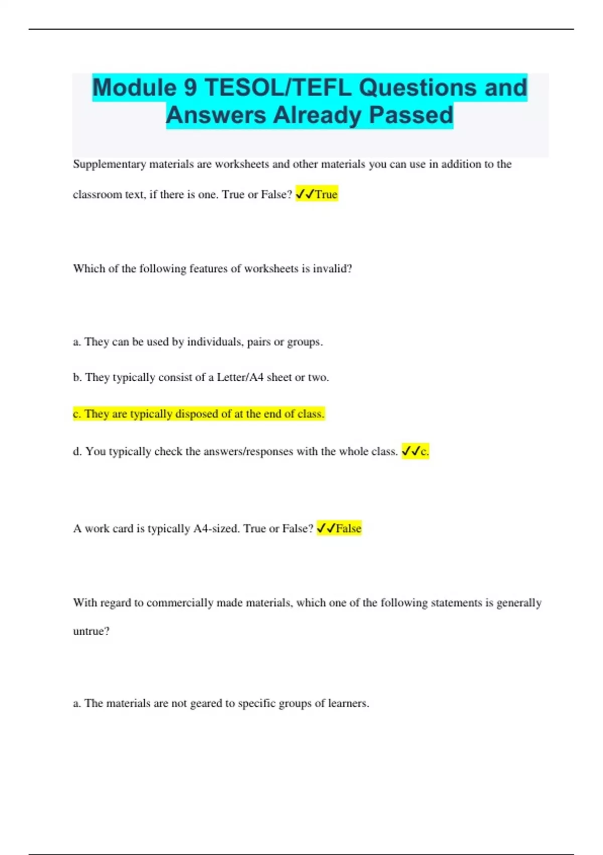 Module 9 TESOL/TEFL Questions and Answers RATED A+ 2023|2024 LATEST ...