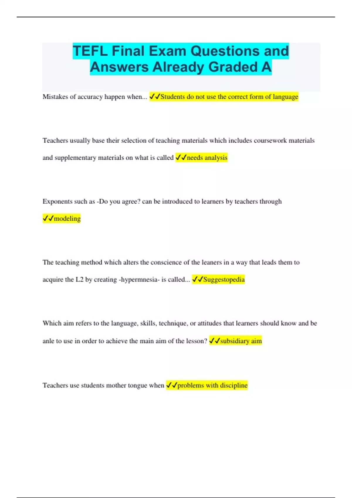 TEFL Final Exam Questions and Answers Already Graded A+ LATEST UPDATE ...