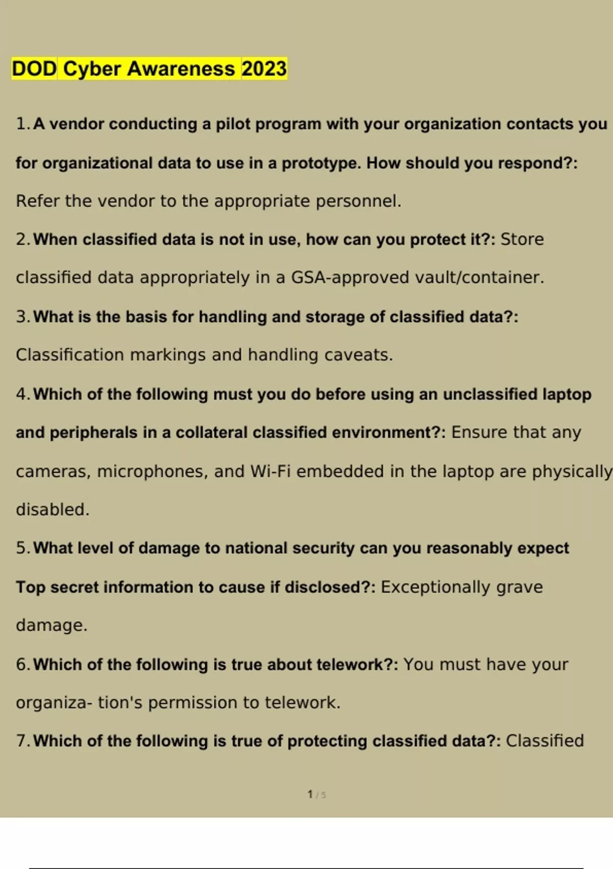 Cyber Awareness 2024 Updated Questions and Answers (2024 / 2025 ...