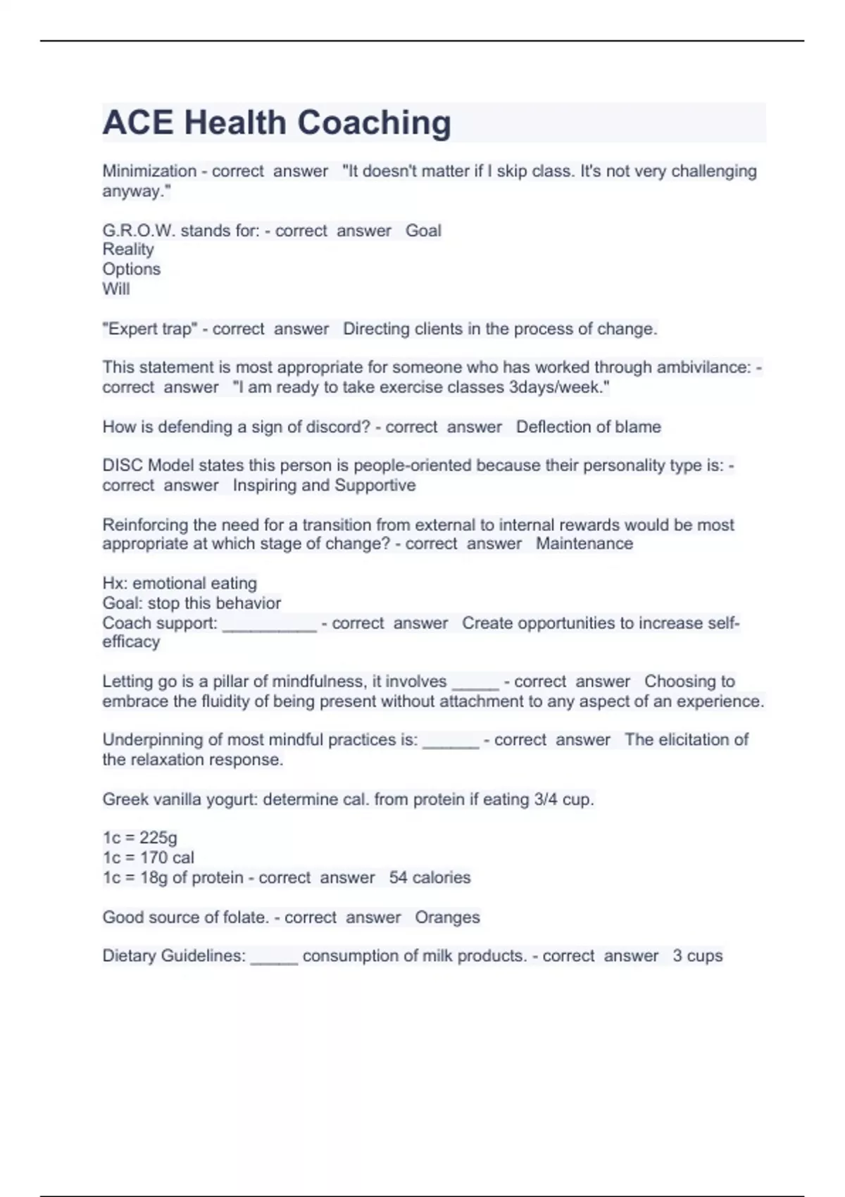 PACKAGE DEAL OF ACE HEALTH COACH QUESTIONS WITH COMPLETE SOLUTION 2023 ...