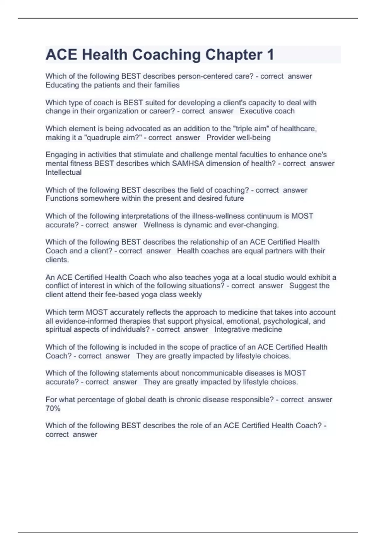 ACE Health Coaching Chapter 1 Question and answers 100% correct 2023 ...