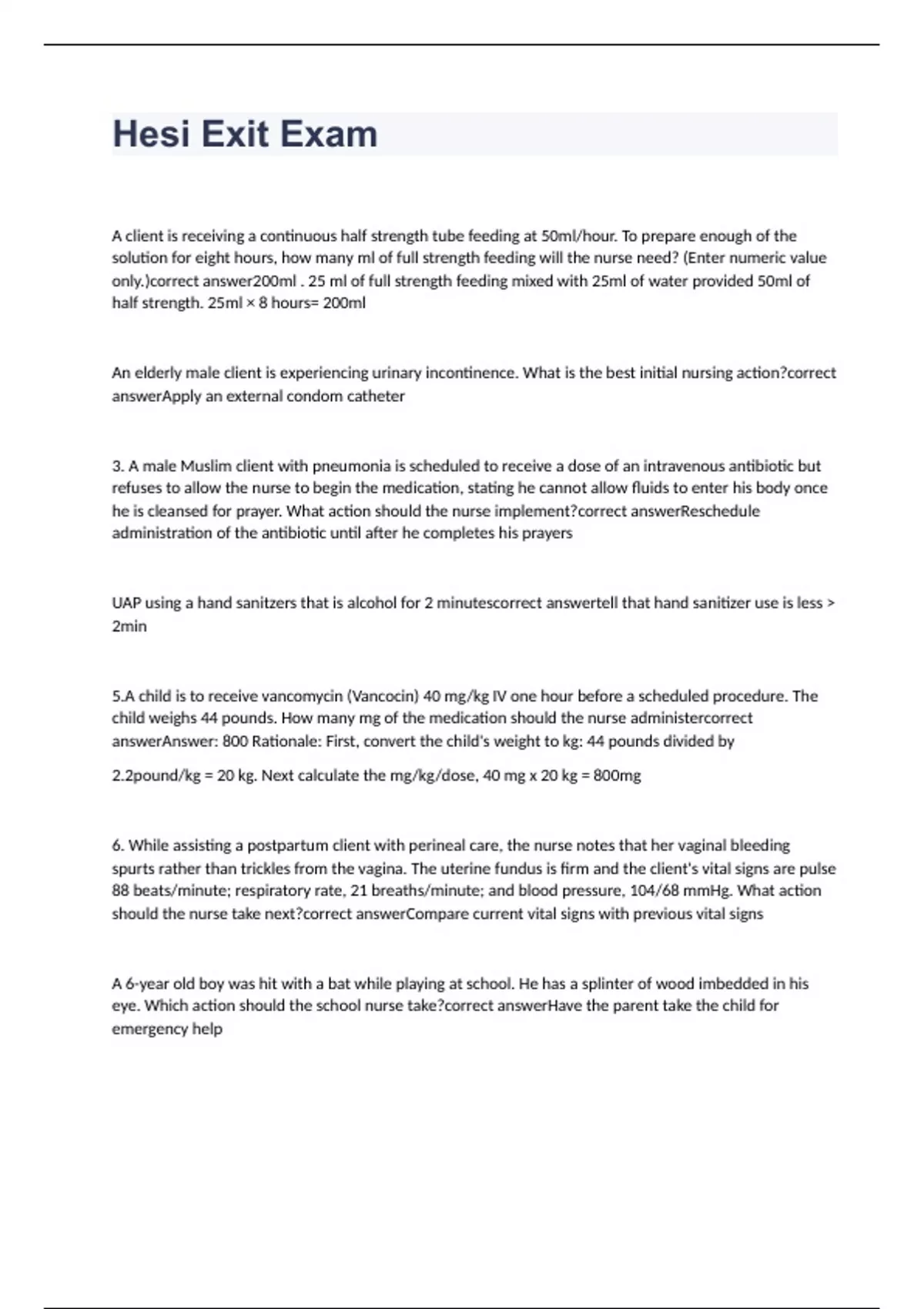 Hesi Exit Exam with correct answers - Hesi - Stuvia US