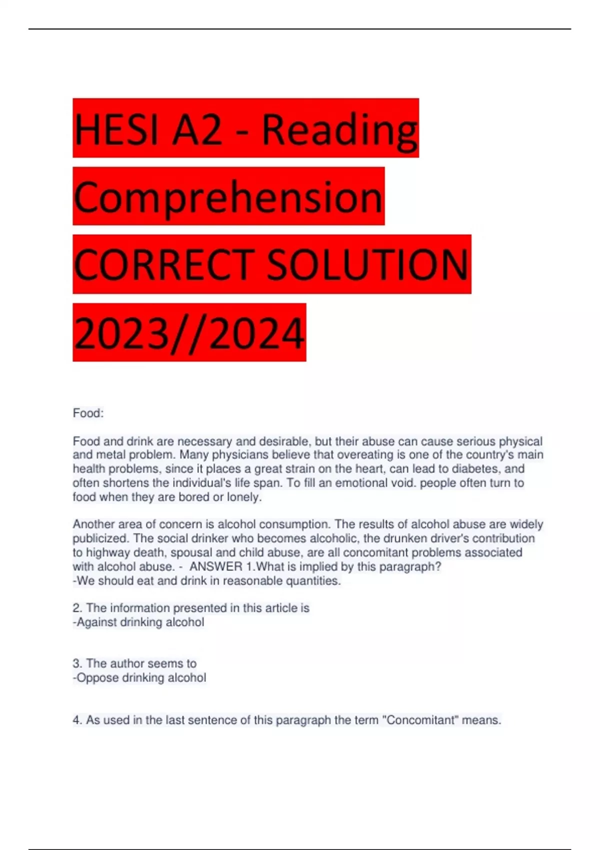 HESI A2 - Reading Comprehension CORRECT SOLUTION 2023//2024 - HESI A2 ...