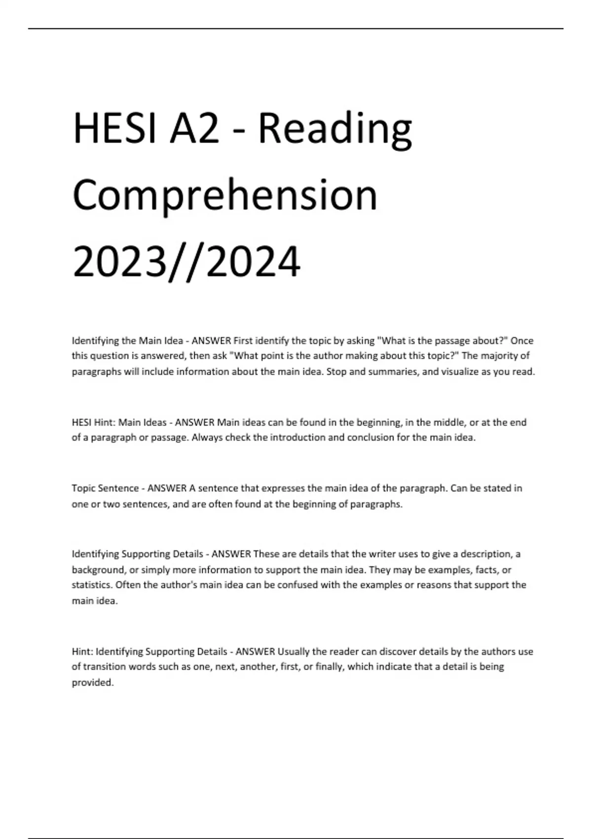 HESI A2 - Reading Comprehension 2023//2024 - HESI A2 - Reading ...