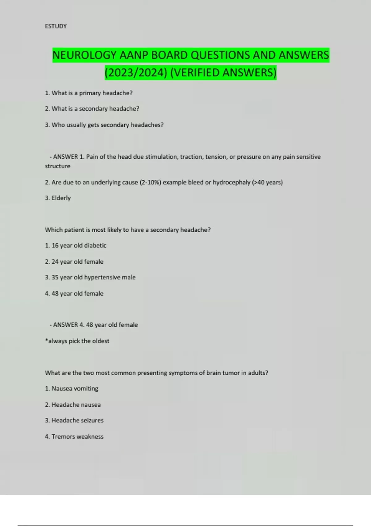 NEUROLOGY AANP BOARD QUESTIONS AND ANSWERS (2023/2024) (VERIFIED ...