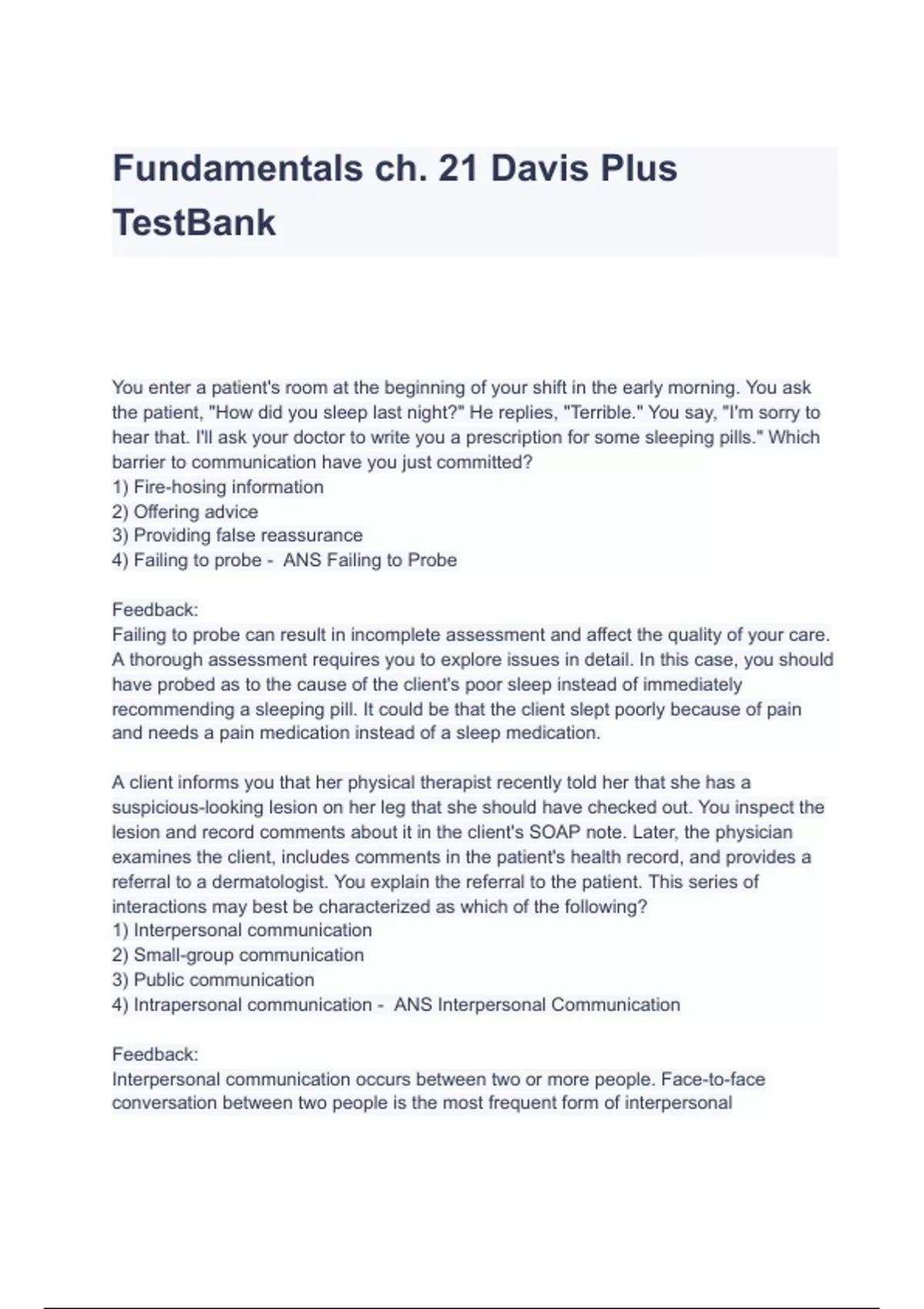 Test Bank for Davis Advantage for Fundamentals of Nursing Care ...