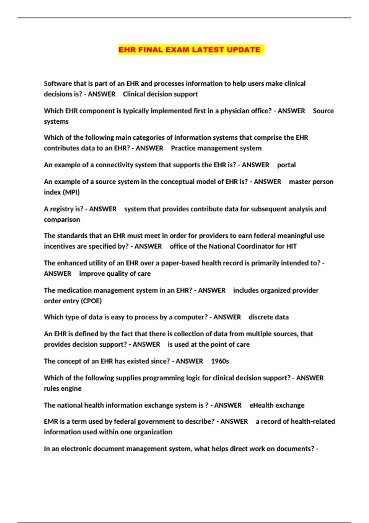 ALL EHR ;NHA EHR ; CEHRS PACKAGED EXAMS - Stuvia US