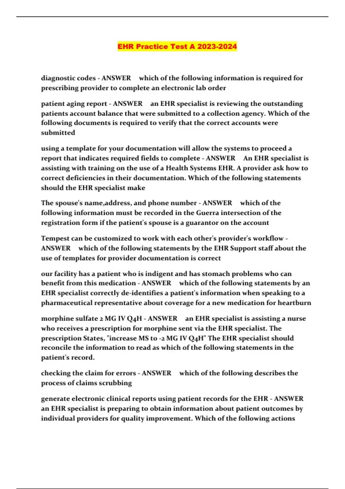 EHR Practice Test A - EHR - Stuvia US