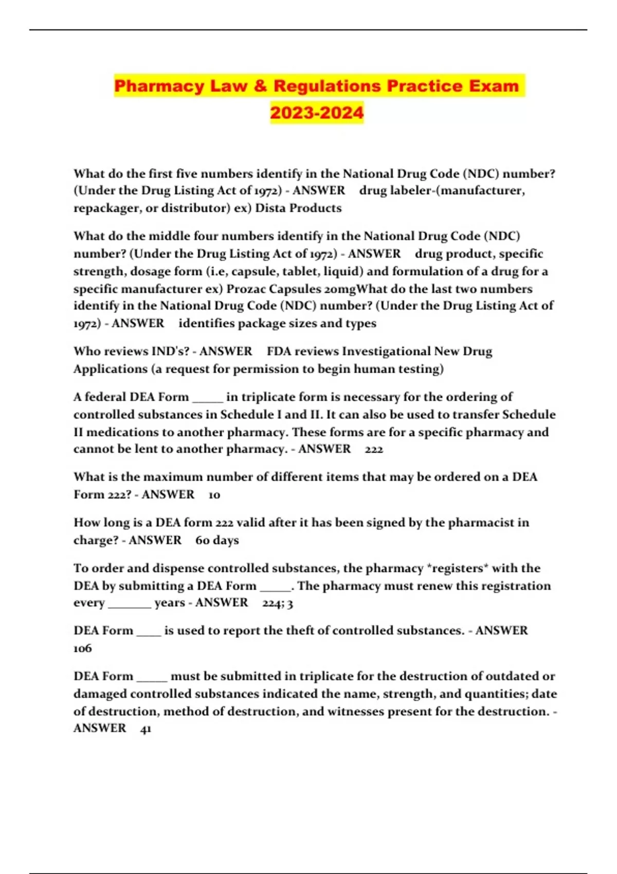 Pharmacy Law & Regulations Practice Exam - Pharmacy Law & Regulations - Stuvia US