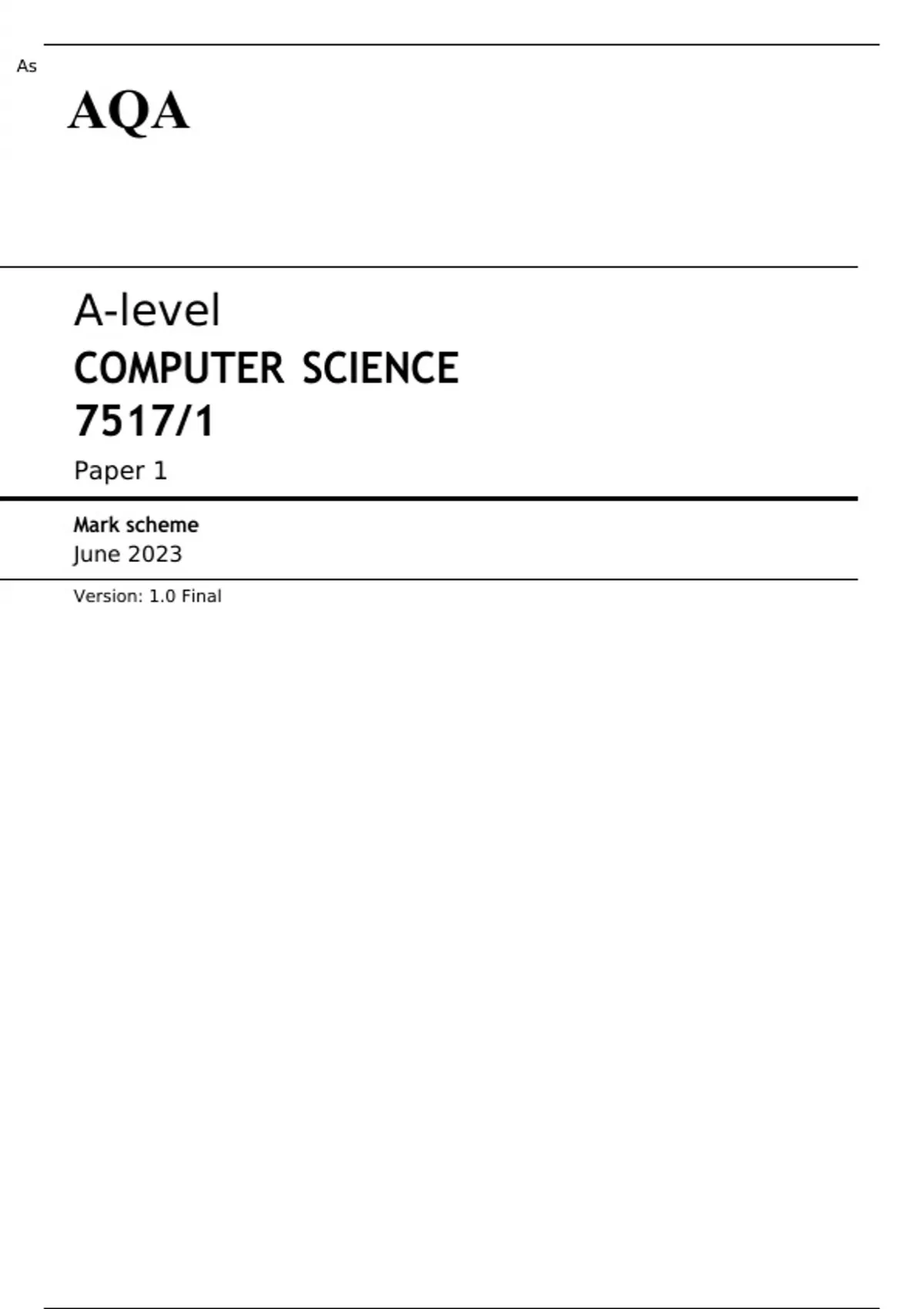 AQA A-level COMPUTER SCIENCE Paper 1 JUNE 2023 MARK SCHEME - A-level COMPUTER SCIENCE - Stuvia US