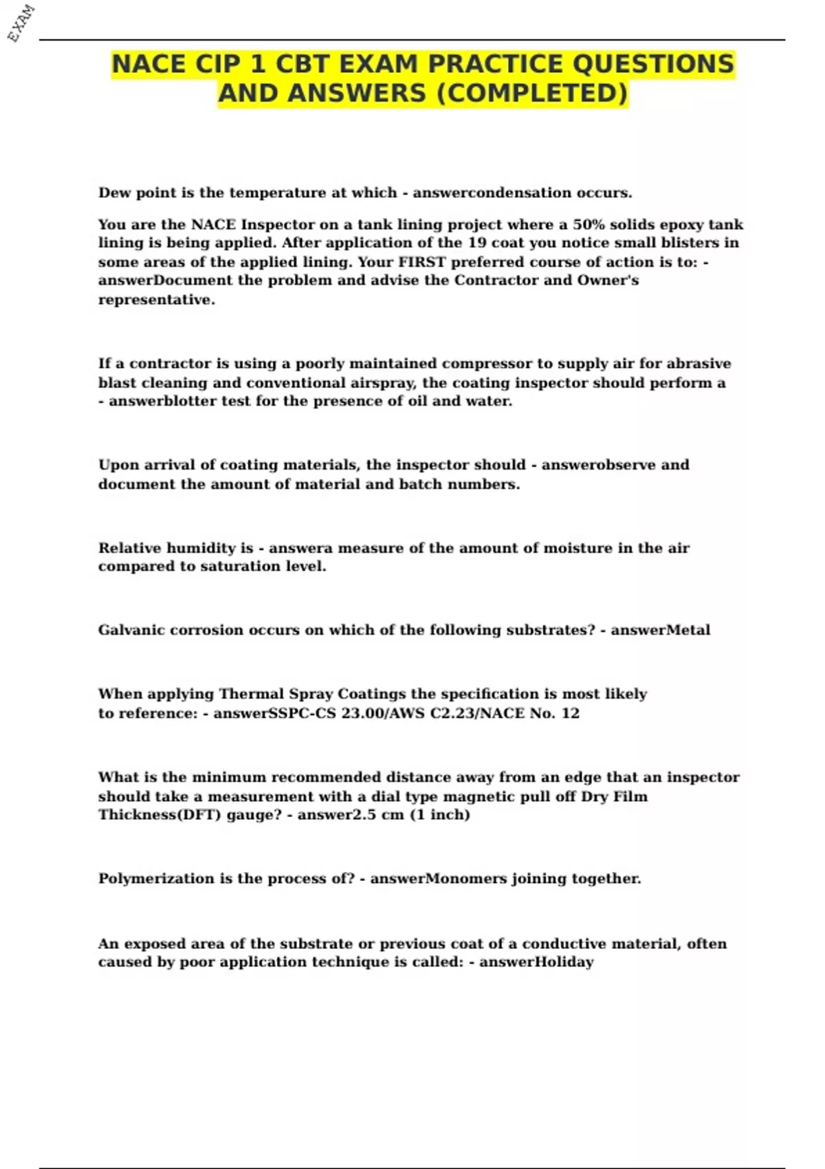 Summary NACE CIP 1 CBT EXAM PRACTICE QUESTIONS AND ANSWERS (COMPLETED - NACE CIP 1 CBT - Stuvia US