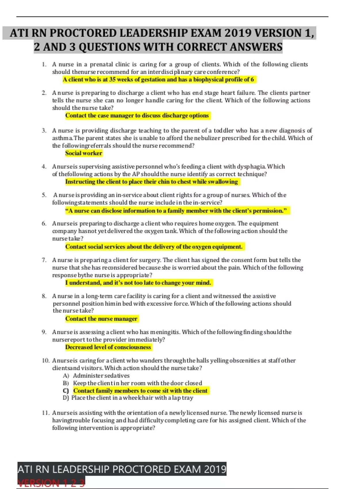 ATI RN PROCTORED LEADERSHIP EXAM 2019 VERSION 1, 2 AND 3 QUESTIONS WITH ...