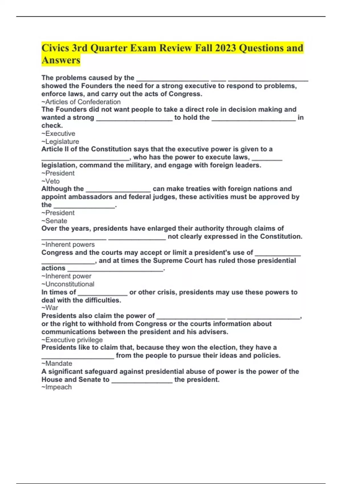 Civics 3rd Quarter Exam Review Fall 2023 Questions and Answers - Civics 3rd Quarter - Stuvia US