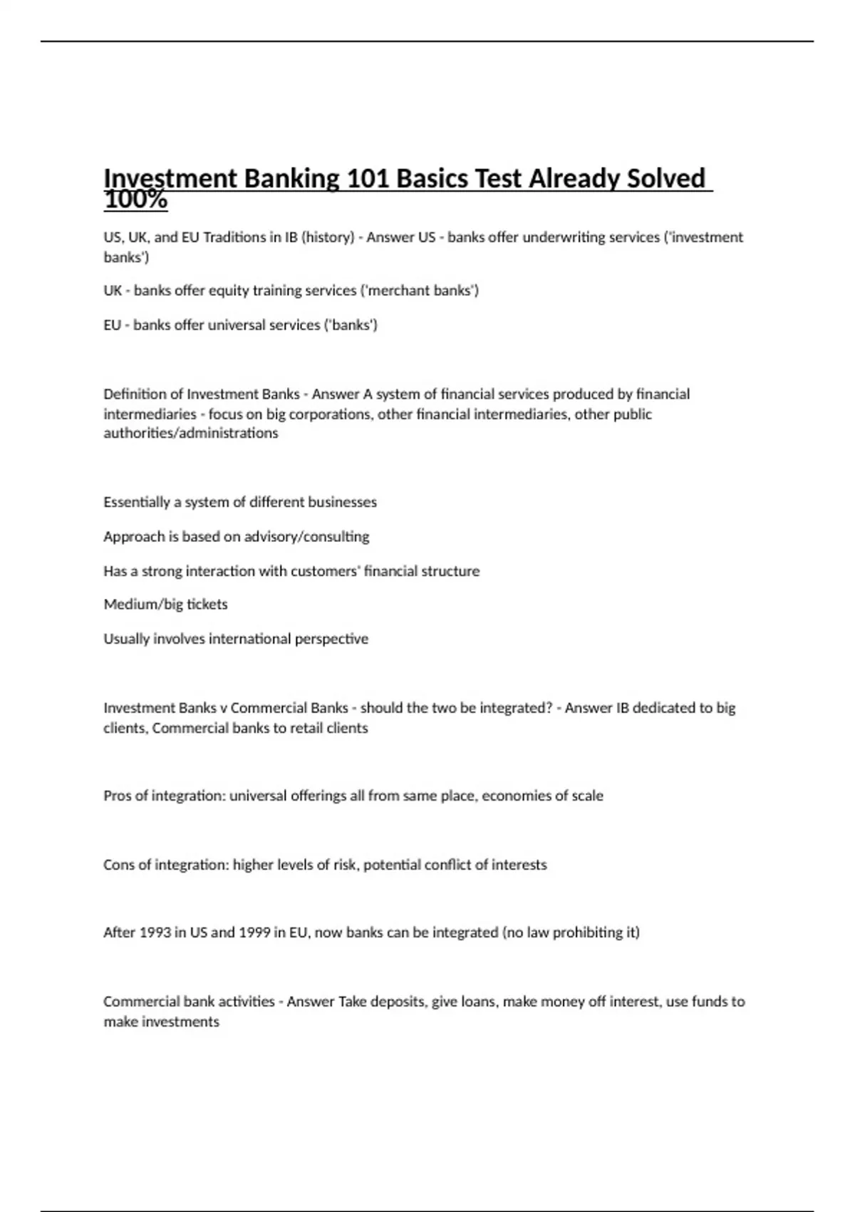 Investment Banking 101 Basics Test Already Solved 100% - Investment ...