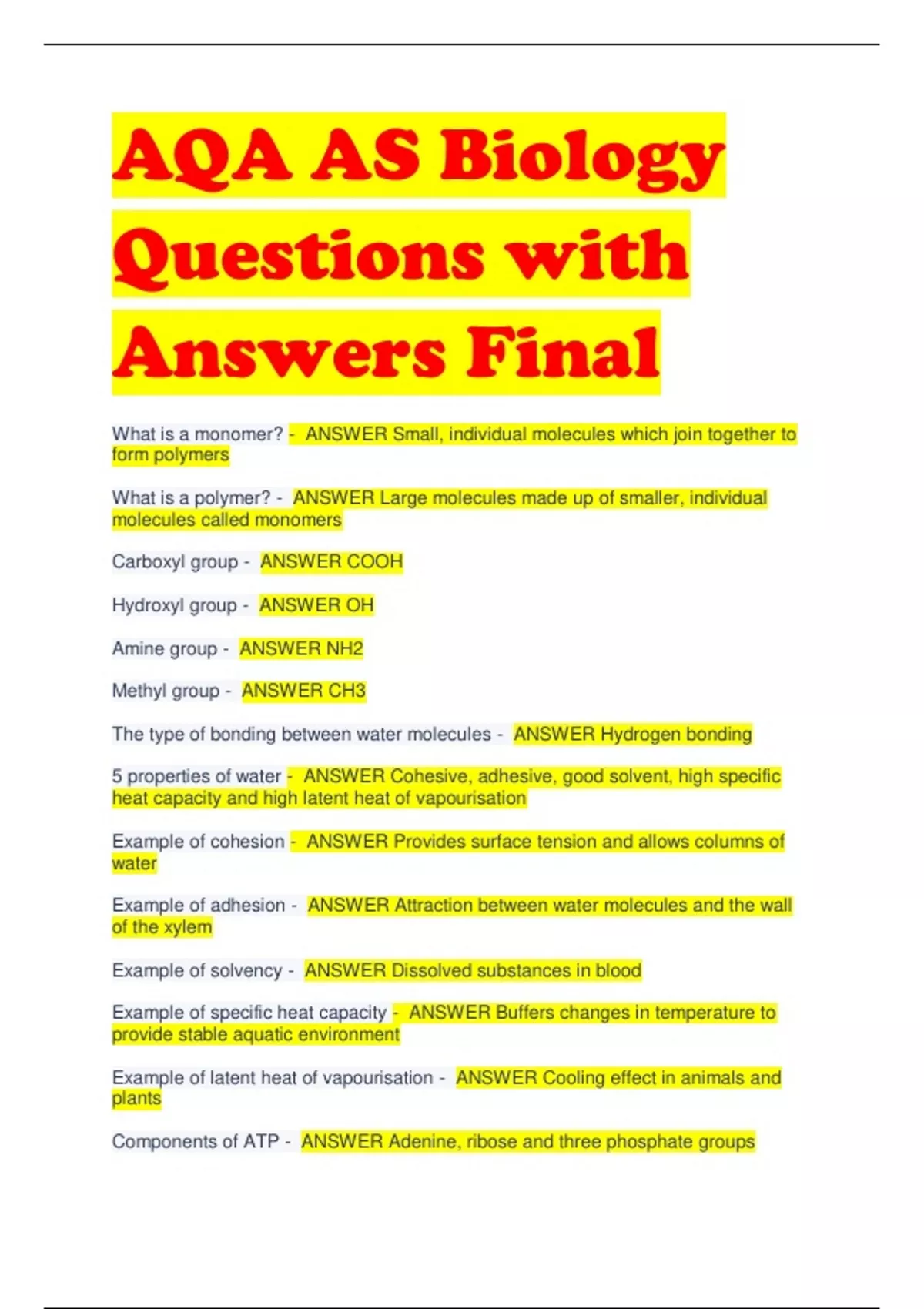 AQA AS Biology Questions with Answers Final - AQA AS BIOLOGY - Stuvia US