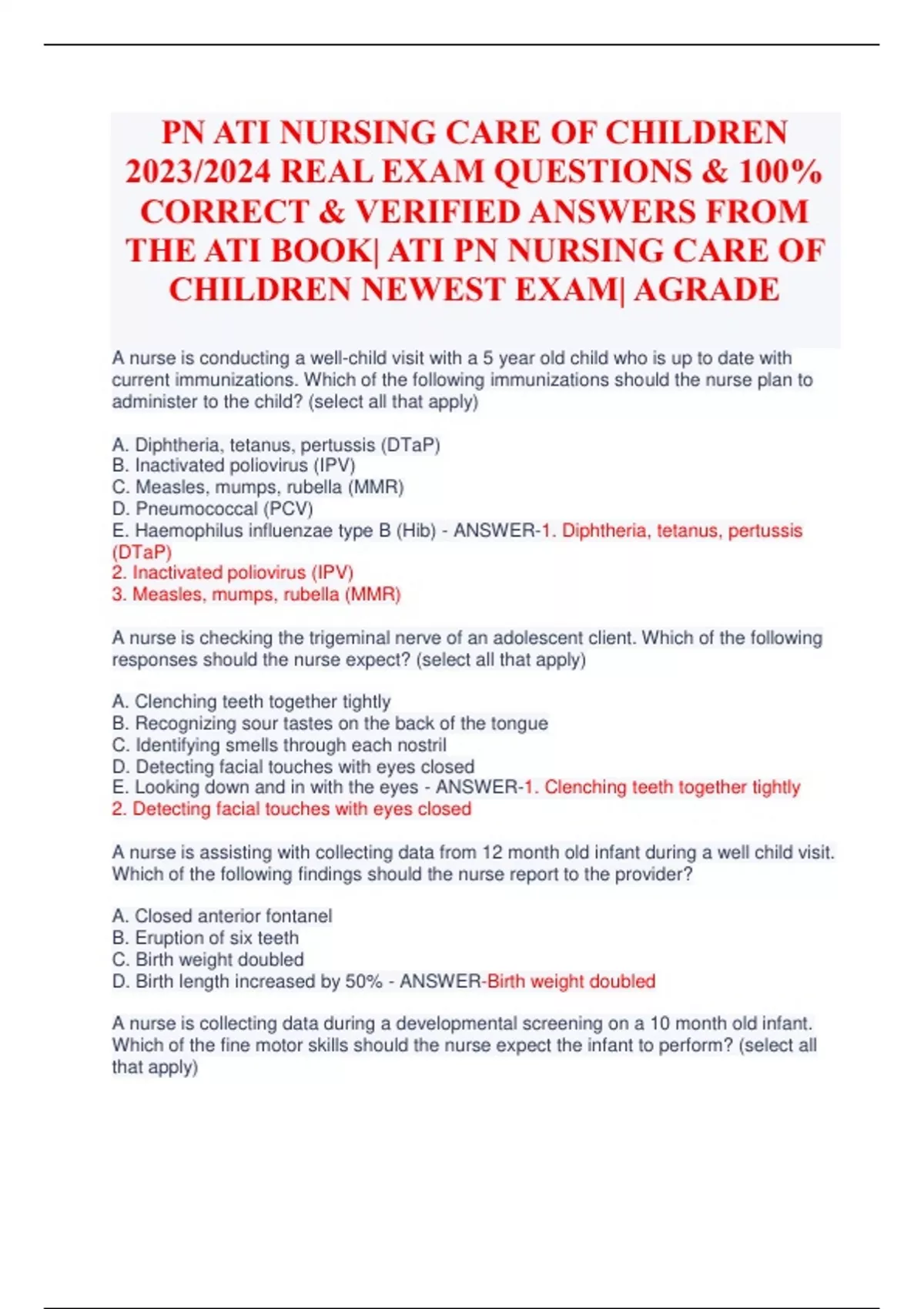 PN ATI NURSING CARE OF CHILDREN 2023/2024 REAL EXAM QUESTIONS & 100% ...