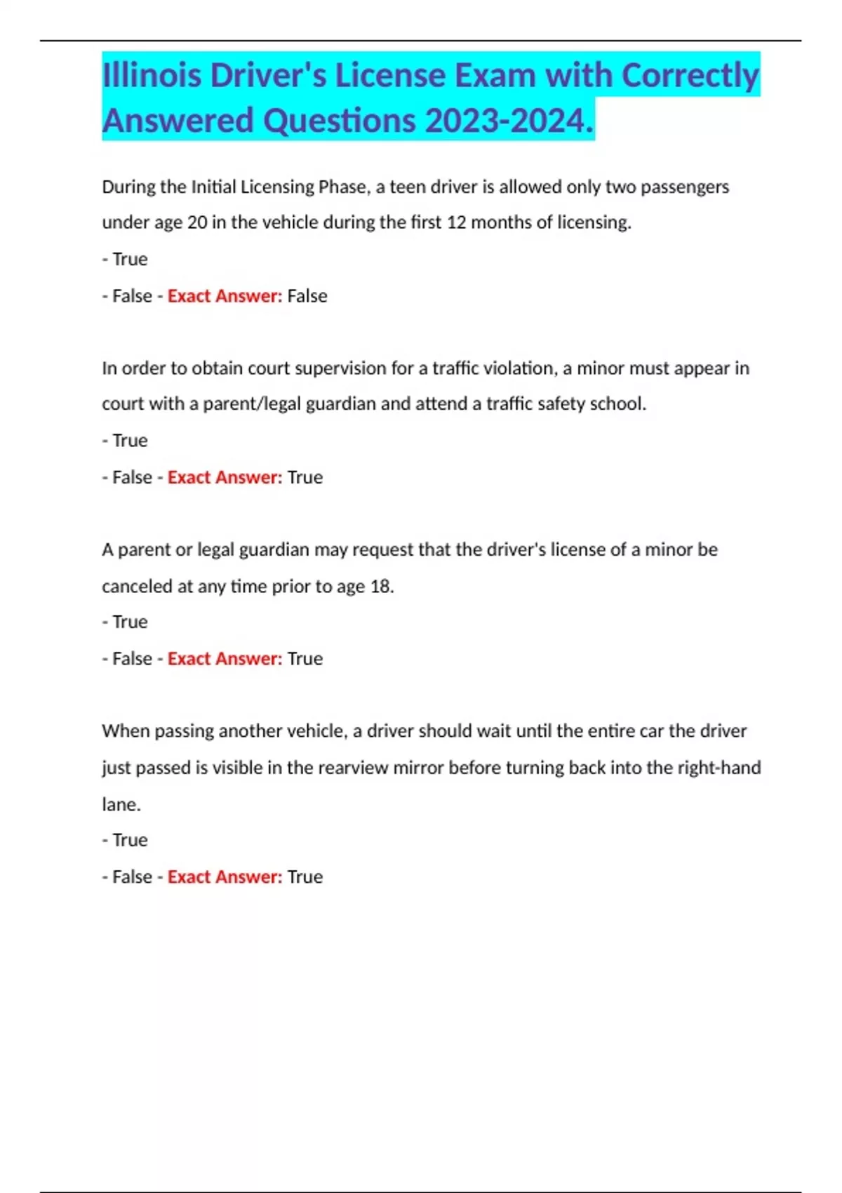 Illinois Driver's License Exam with Correctly Answered Questions ...