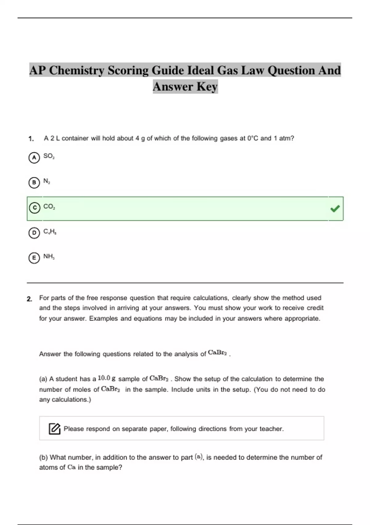 AP Chemistry Scoring Guide Ideal Gas Law Question And Answer Key 2023 ...