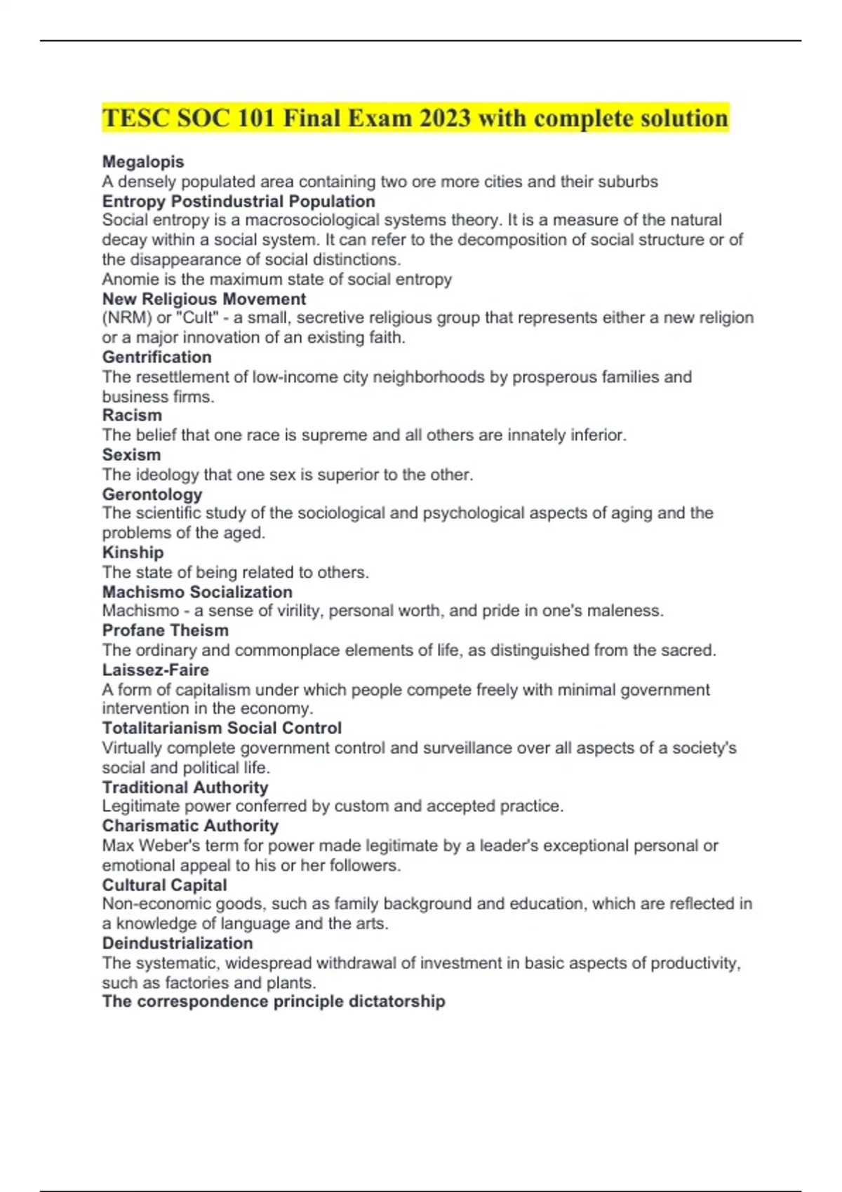 TESC SOC 101 Final Exam 2023 with complete solution - TESC SOC 101 ...