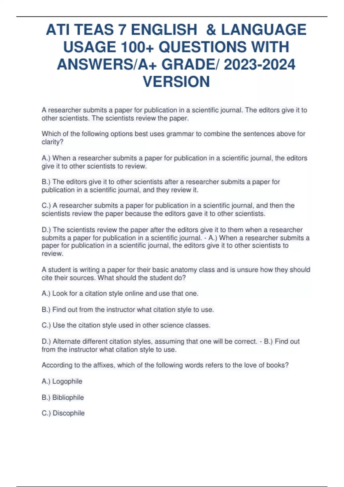 ATI TEAS 7 ENGLISH & LANGUAGE USAGE 100+ QUESTIONS WITH ANSWERS/A+ ...