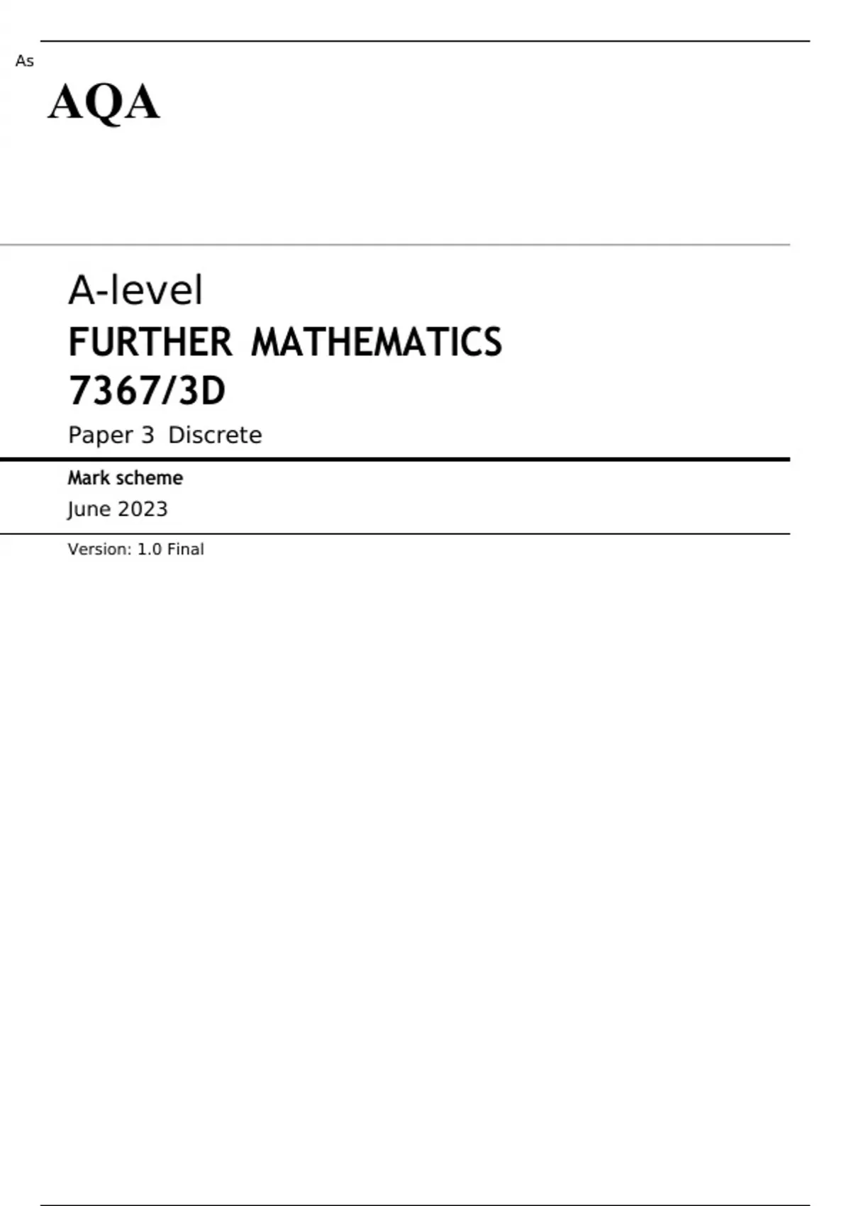 AQA A-level FURTHER MATHEMATICS Paper 3D JUNE 2023 MARK SCHEME ...