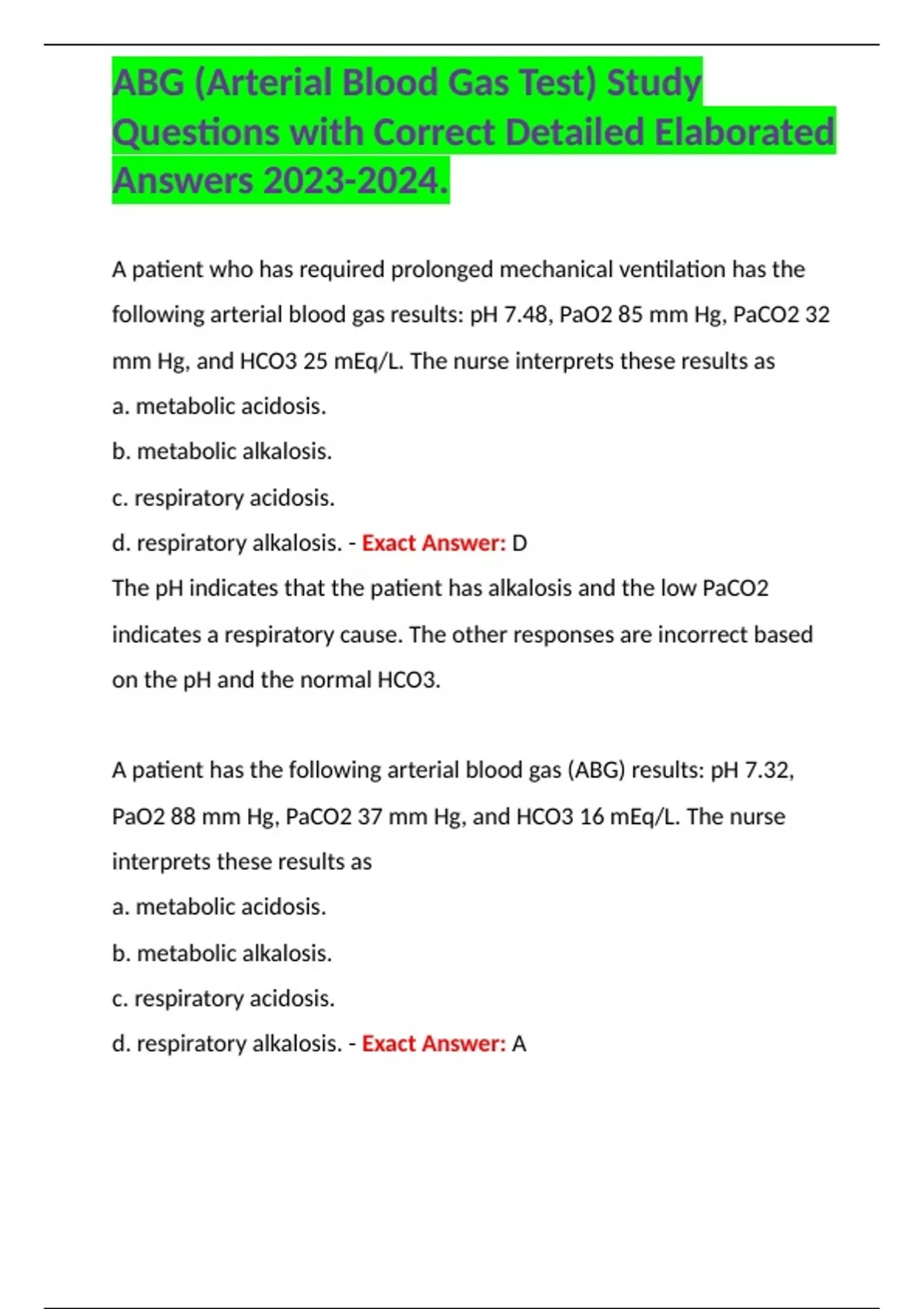 ABG (Arterial Blood Gas Test) Study Questions with Correct Detailed ...