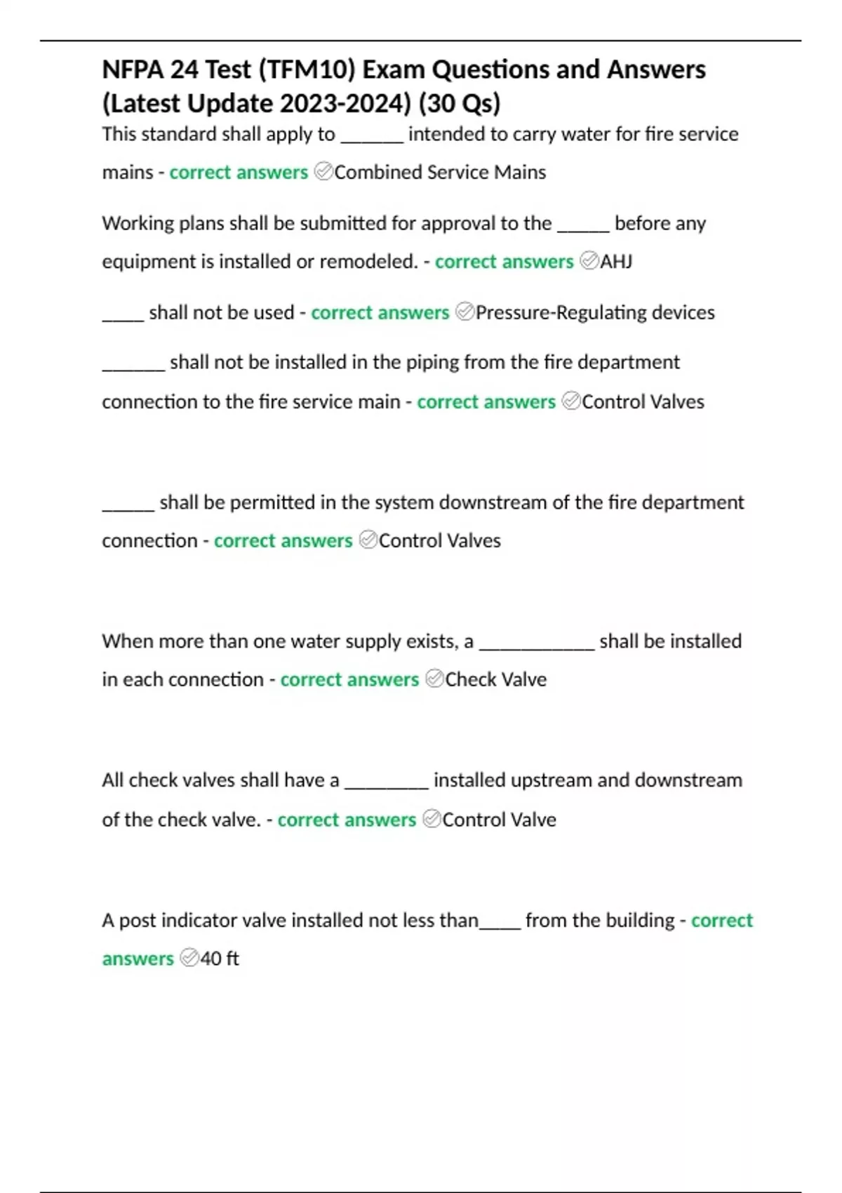 NFPA 24 Test (TFM10) Exam Questions and Answers (Latest Update ) (30 Qs ...